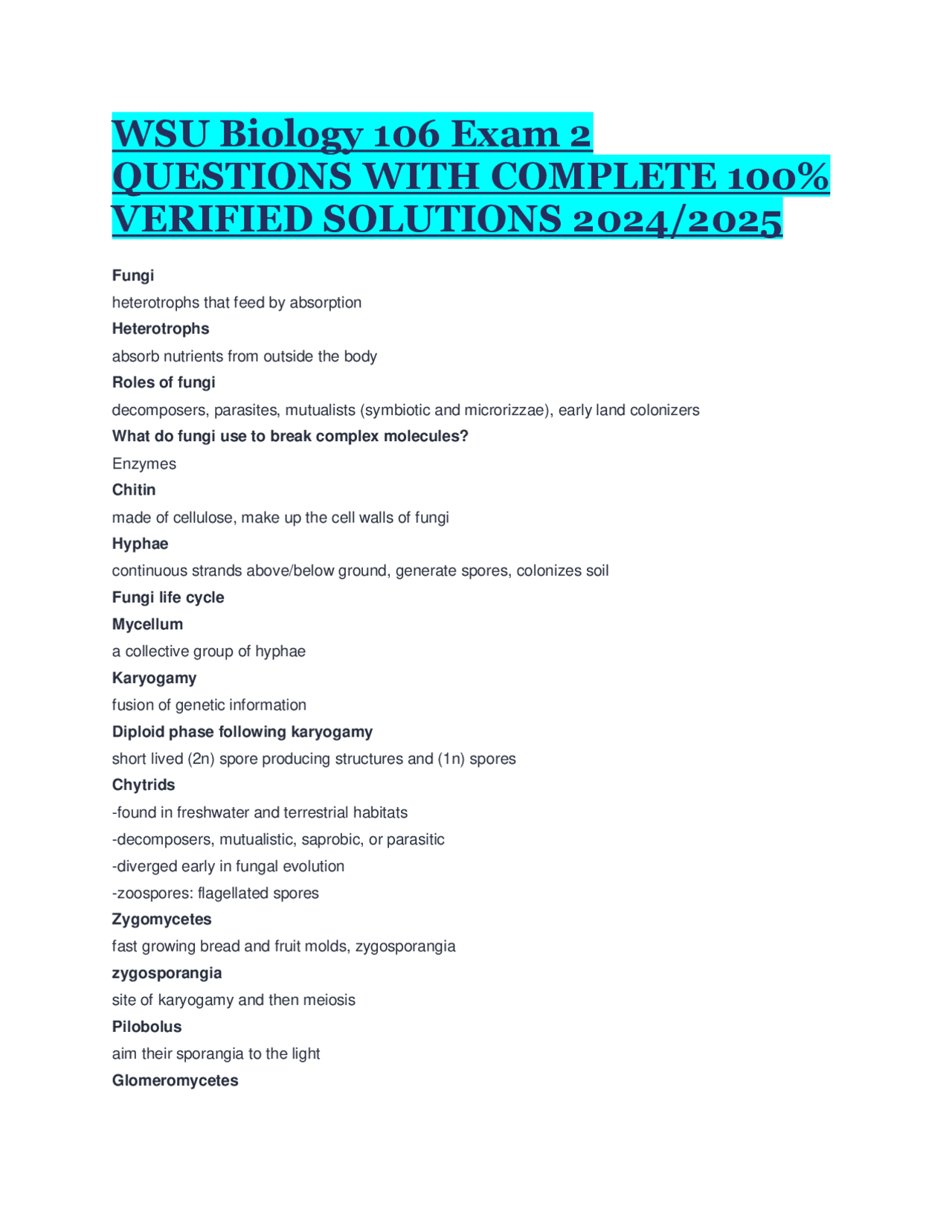 WSU Biology 106 Exam 2 QUESTIONS WITH COMPLETE 100% VERIFIED SOLUTIONS ...