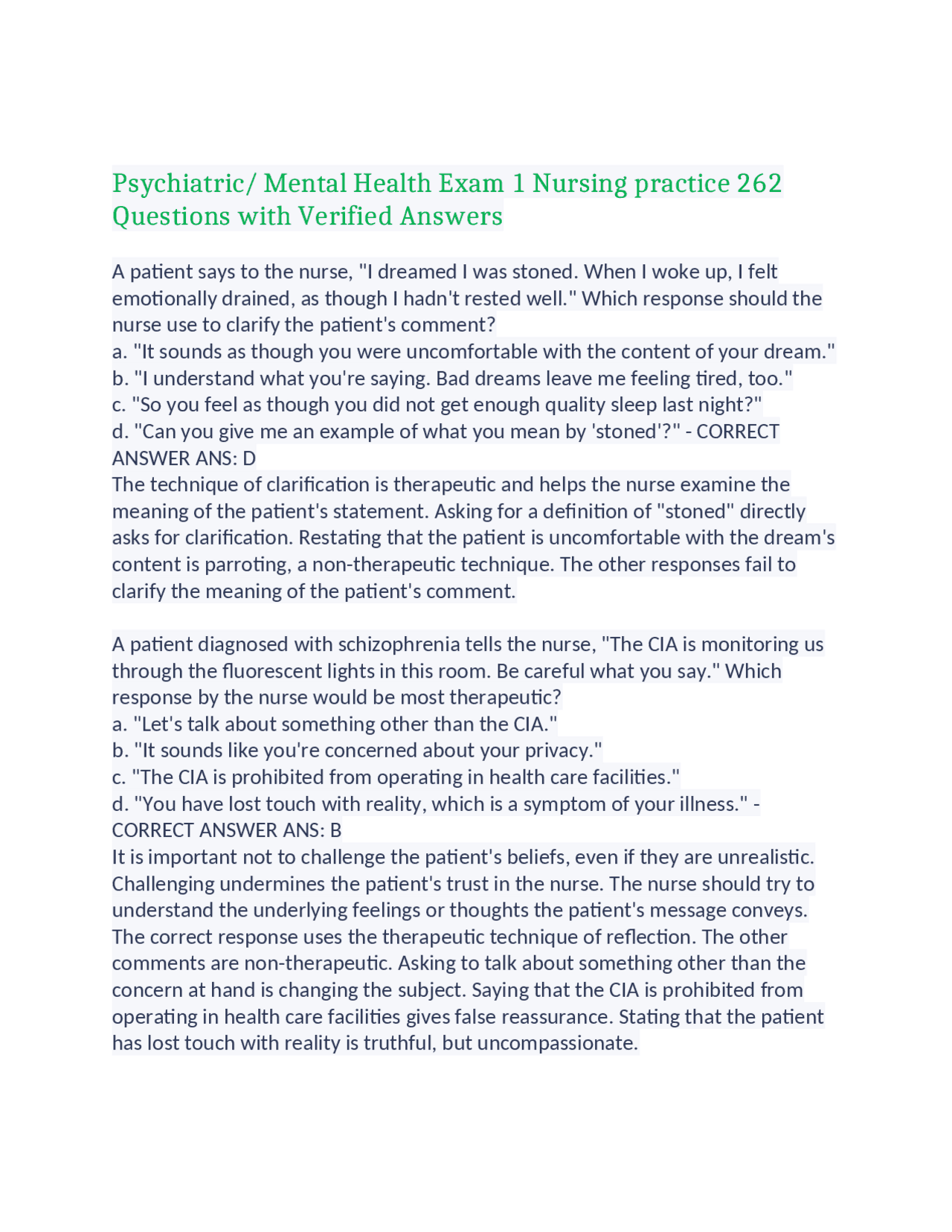 Psychiatric/ Mental Health Exam 1 Nursing practice 262 Questions with ...