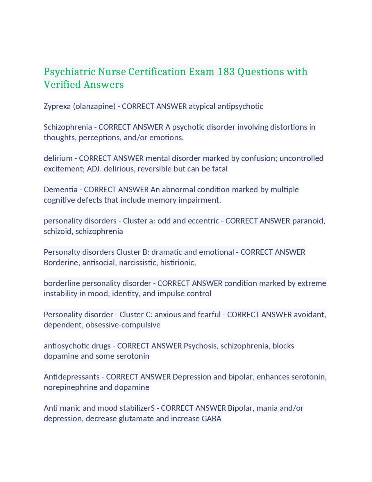 Psychiatric Nurse Certification Exam 183 Questions with Verified ...