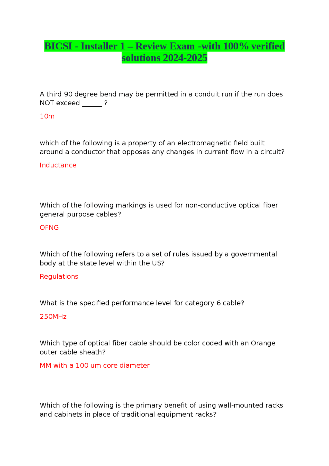 BICSI - Installer 1 – Review Exam -with 100% verified solutions 2024 ...