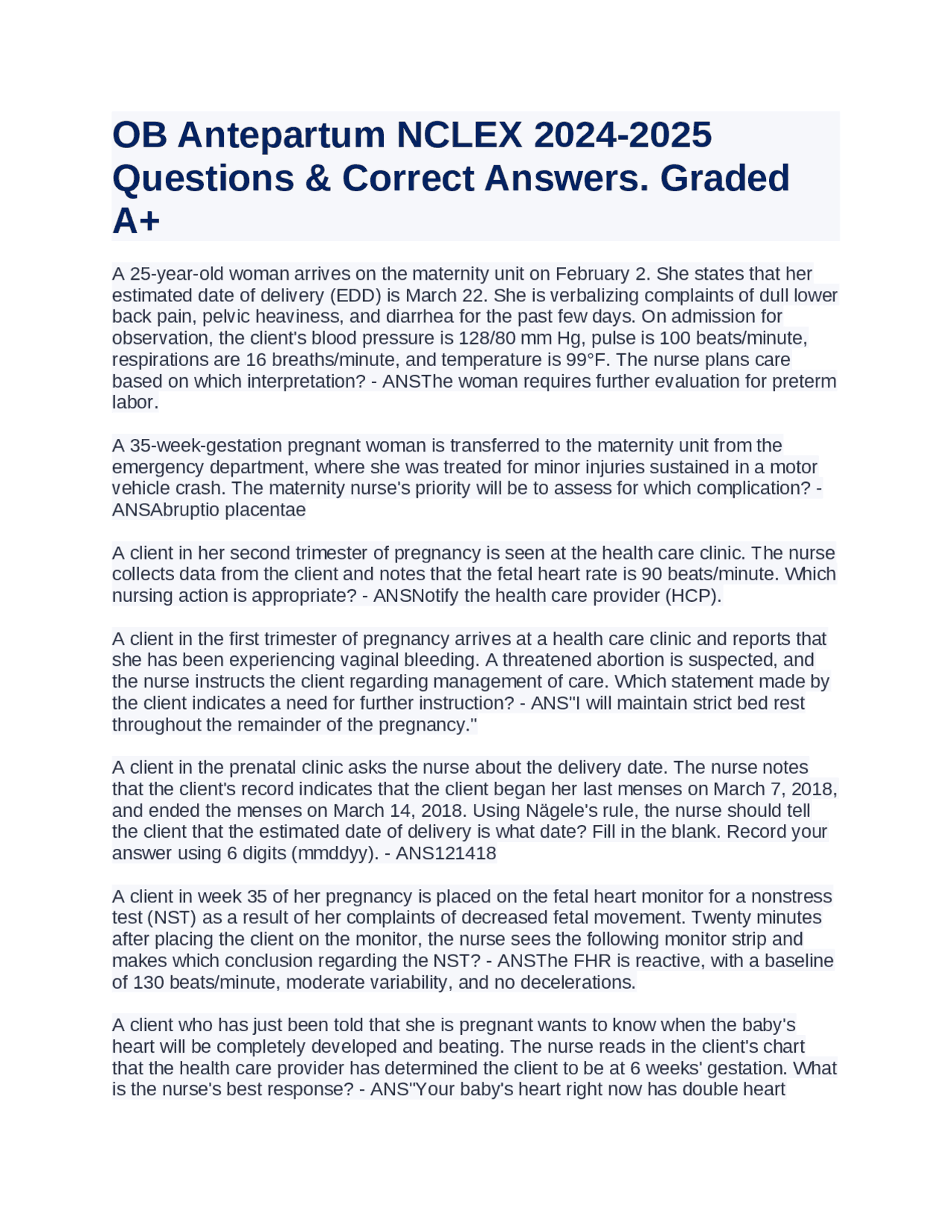 OB Antepartum NCLEX 2024-2025 Questions & Correct Answers. Graded A+ ...