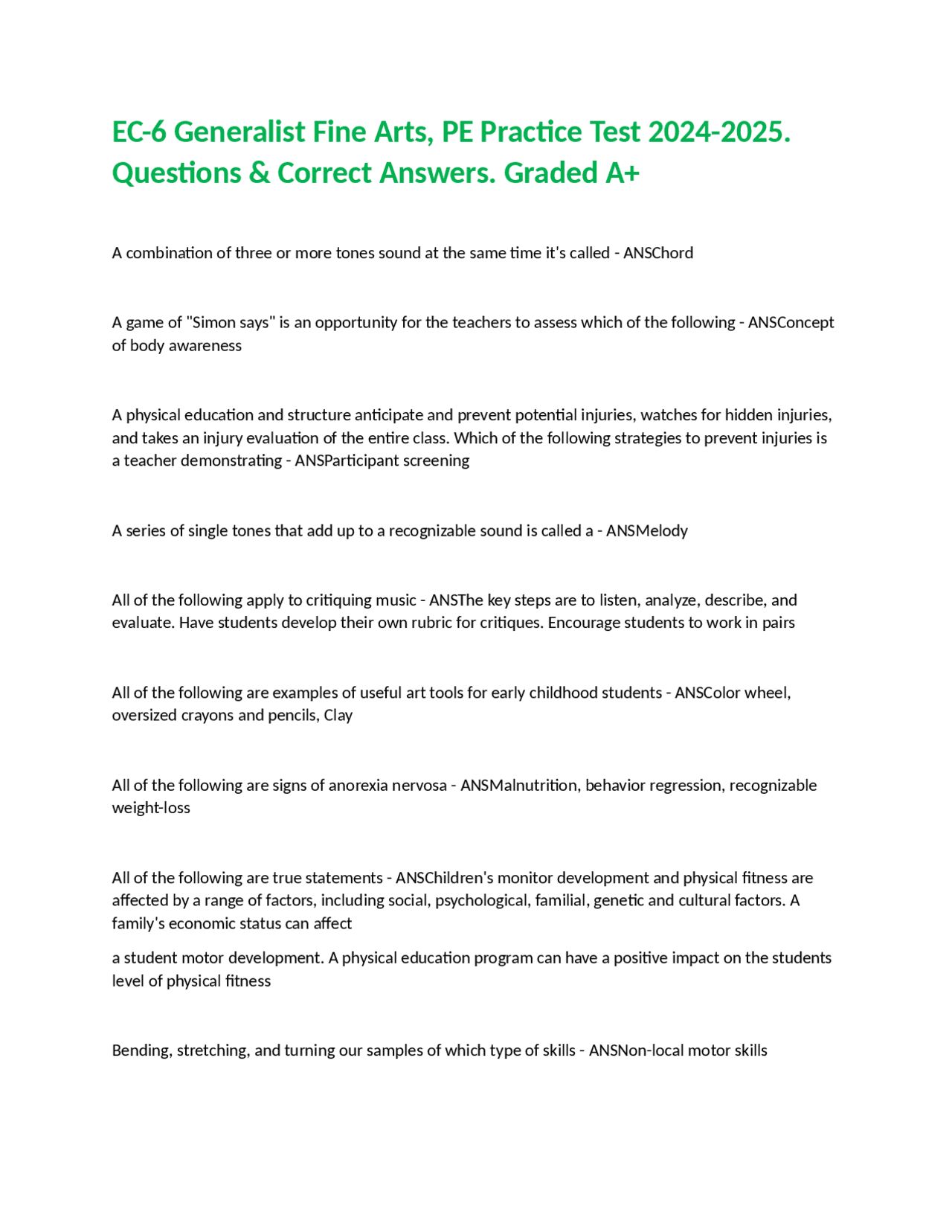 EC-6 Generalist Fine Arts, PE Practice Test 2024-2025. Questions ...