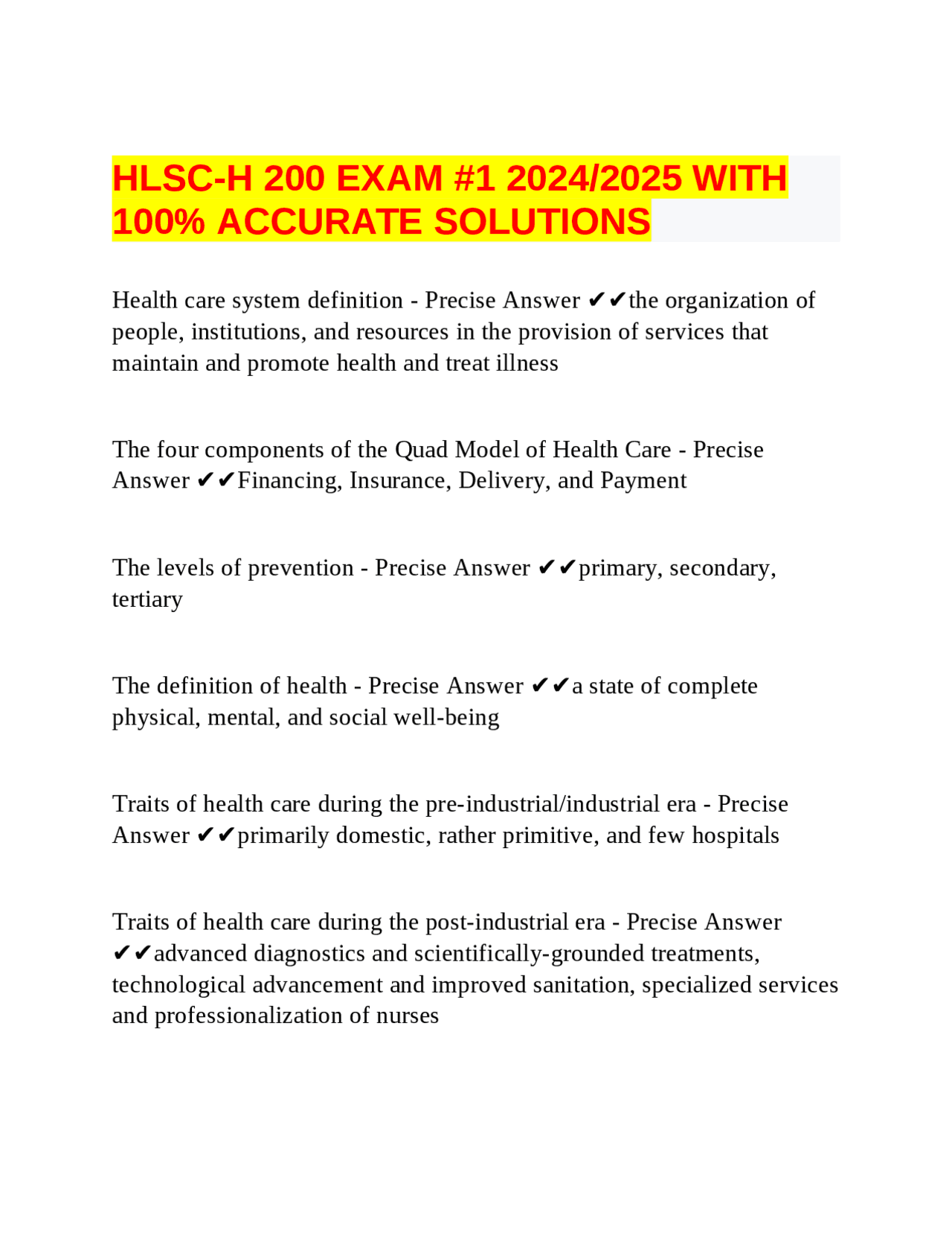 HLSC-H 200 Exam #1 2024/2025 with 100% Accurate Solutions | Exams ...