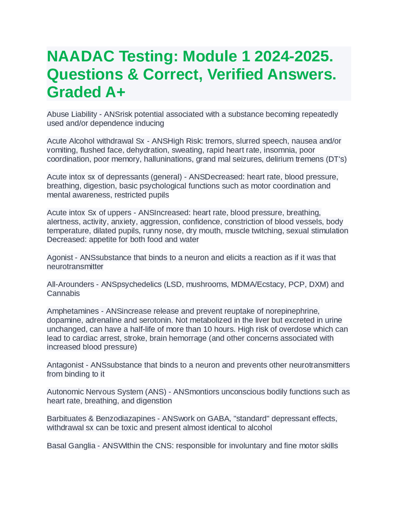 NAADAC Testing: Module 1 2024-2025 - Questions & Answers | Exams ...