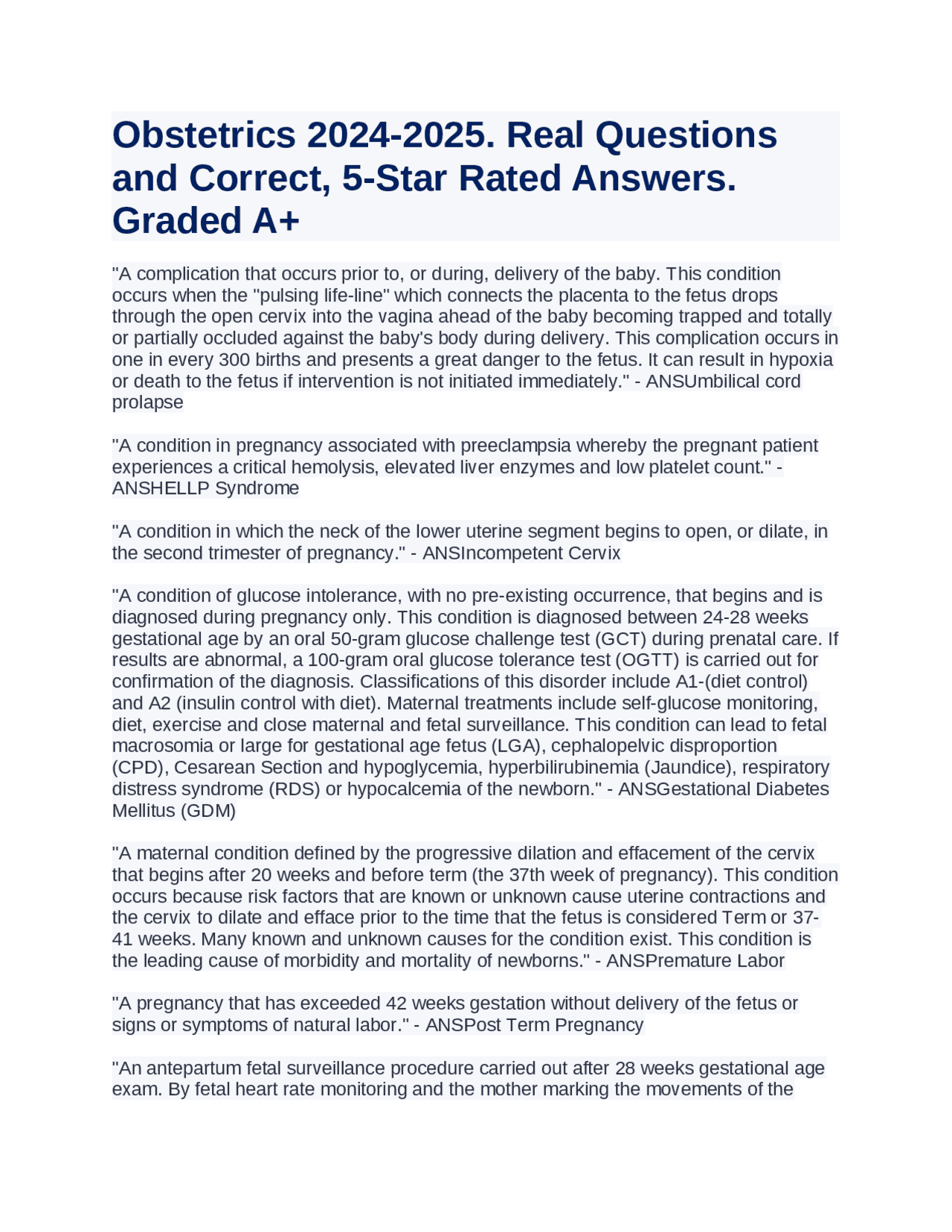 Obstetrics 2024-2025. Real Questions and Correct, 5-Star Rated Answers ...