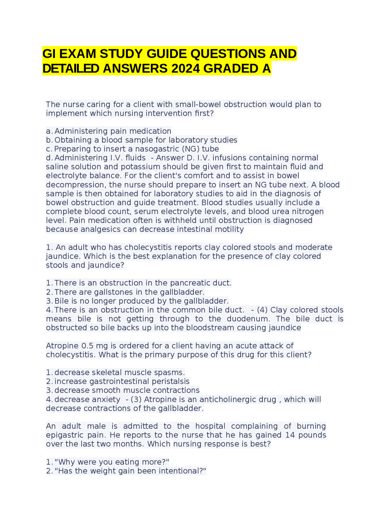 GI EXAM STUDY GUIDE QUESTIONS AND DETAILED ANSWERS 2024 GRADED A ...