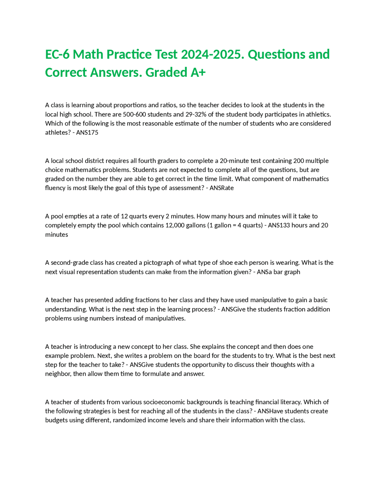 EC-6 Math Practice Test 2024-2025 | Exams Nursing | Docsity