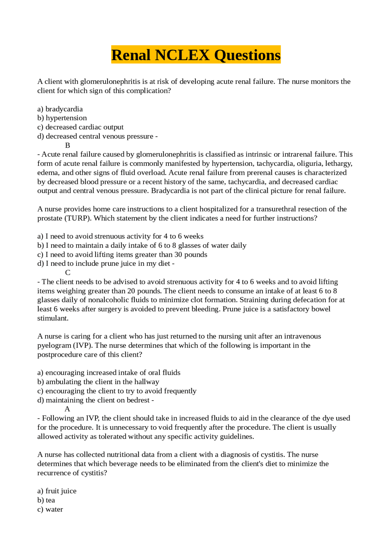 Renal NCLEX Questions | Exams Nursing | Docsity