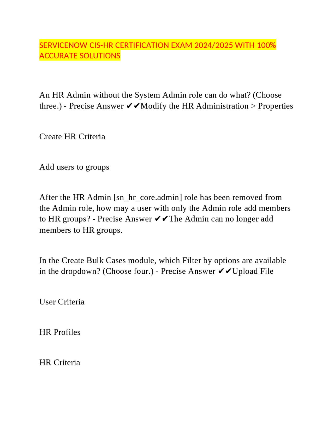 ServiceNow HR Administration and Configurations | Exams Nursing | Docsity