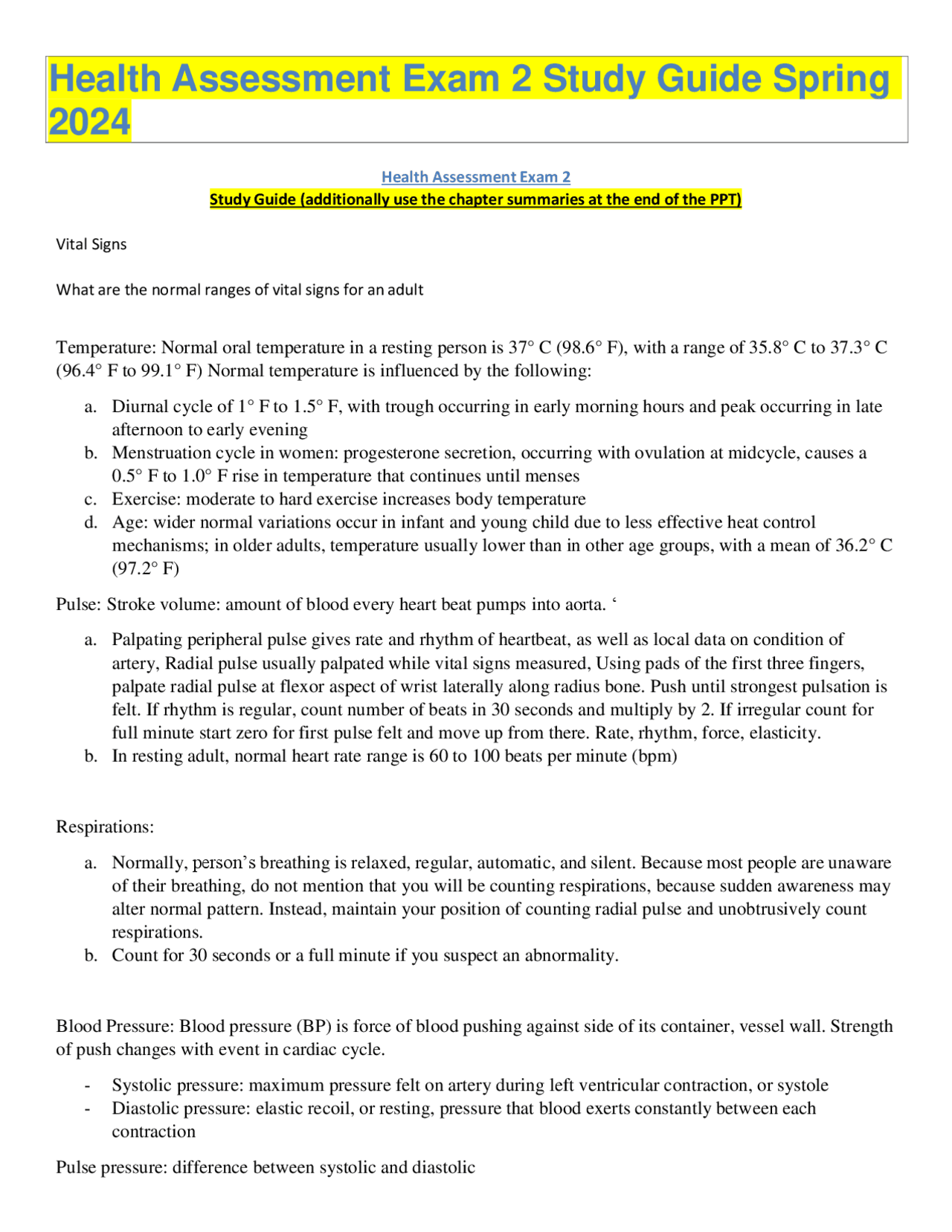 Health Assessment Exam 2 Study Guide | Exams Nursing | Docsity