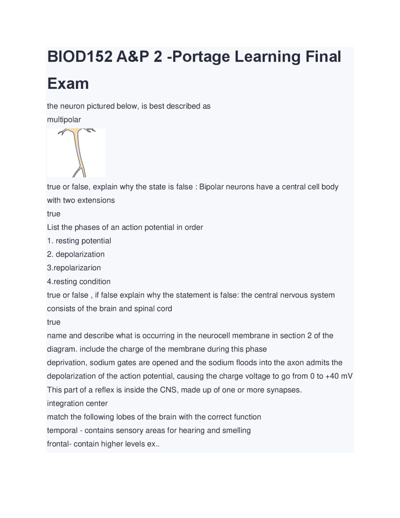 BIOD152 A&P 2 -Portage Learning Final Exam | Exams Nursing | Docsity