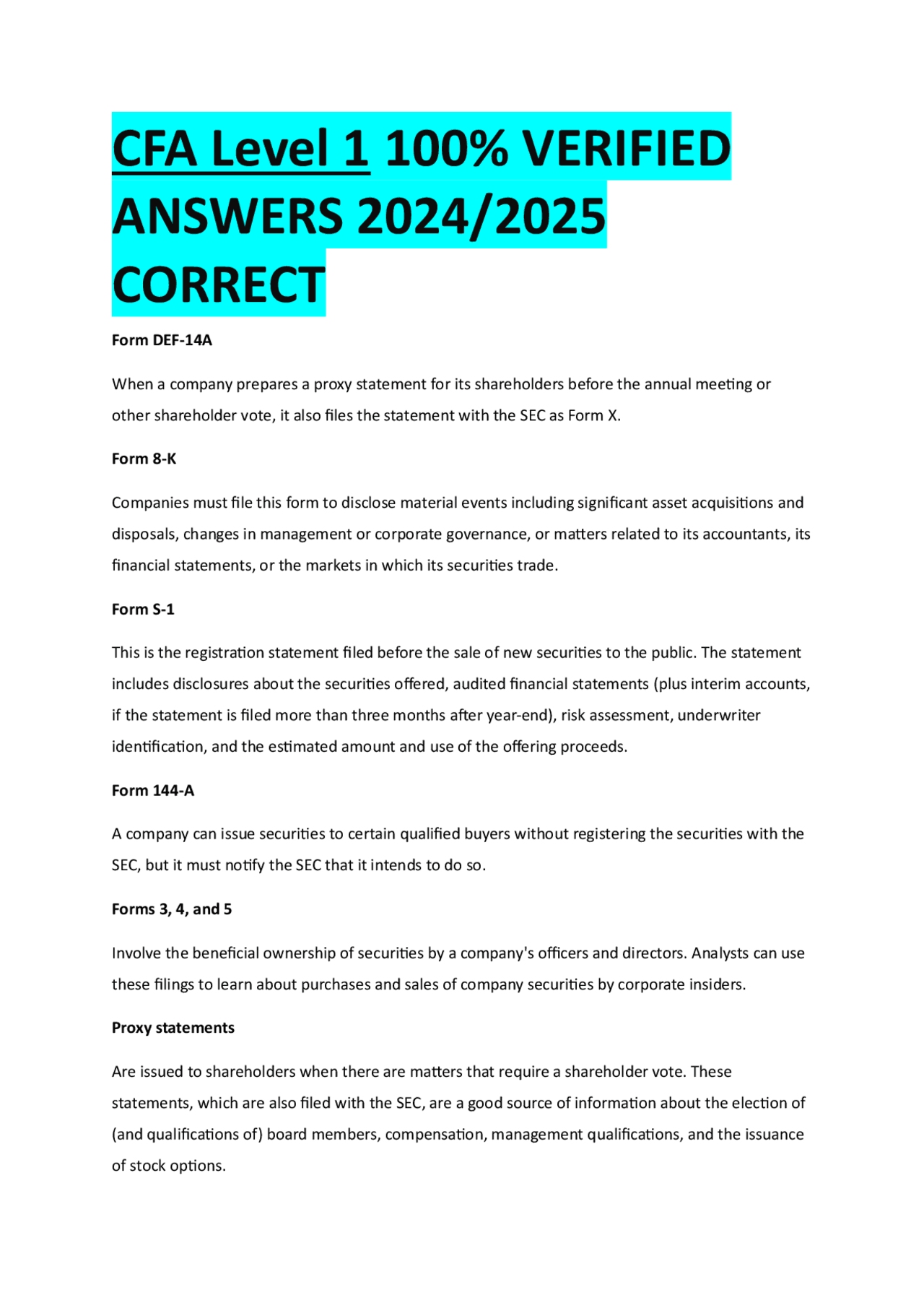 CFA Level 1 100% VERIFIED ANSWERS 2024/2025 CORRECT | Exams Business ...