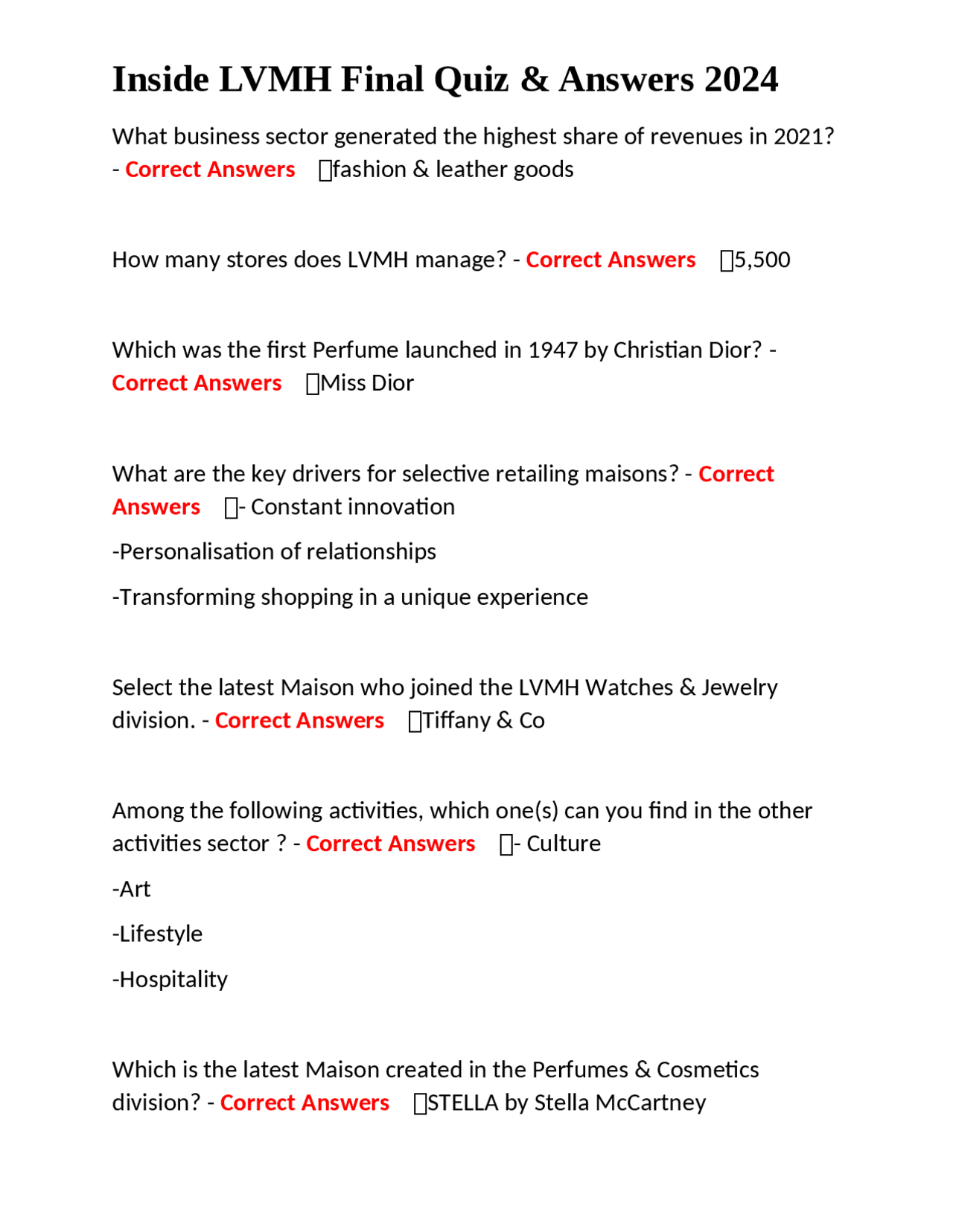 Inside LVMH Final Quiz & Answers 2024 | Exams Nursing | Docsity