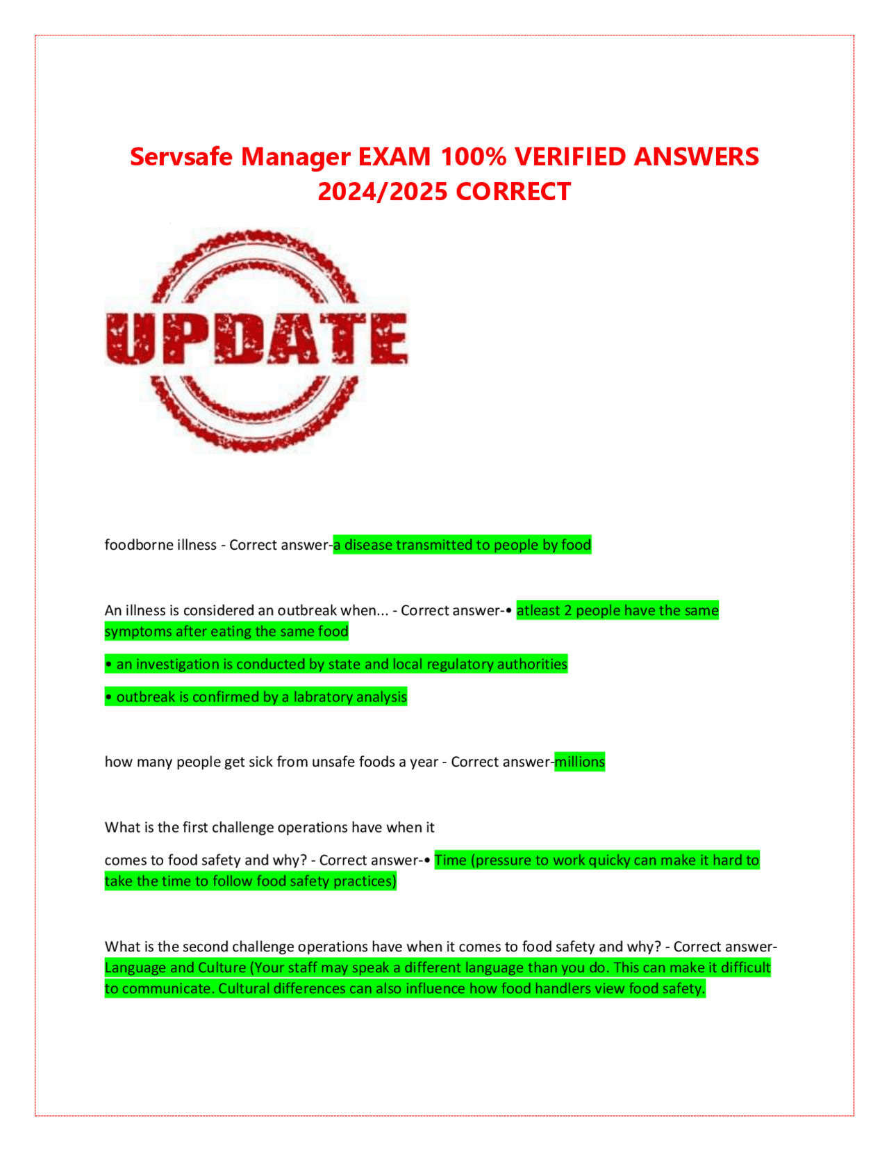 Servsafe Manager EXAM 100% VERIFIED ANSWERS 2024/2025 CORRECT | Exams ...