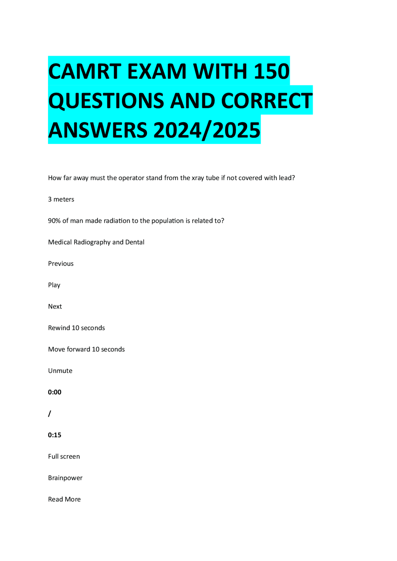 CAMRT EXAM WITH 150 QUESTIONS AND CORRECT ANSWERS 2024/2025 | Exams ...