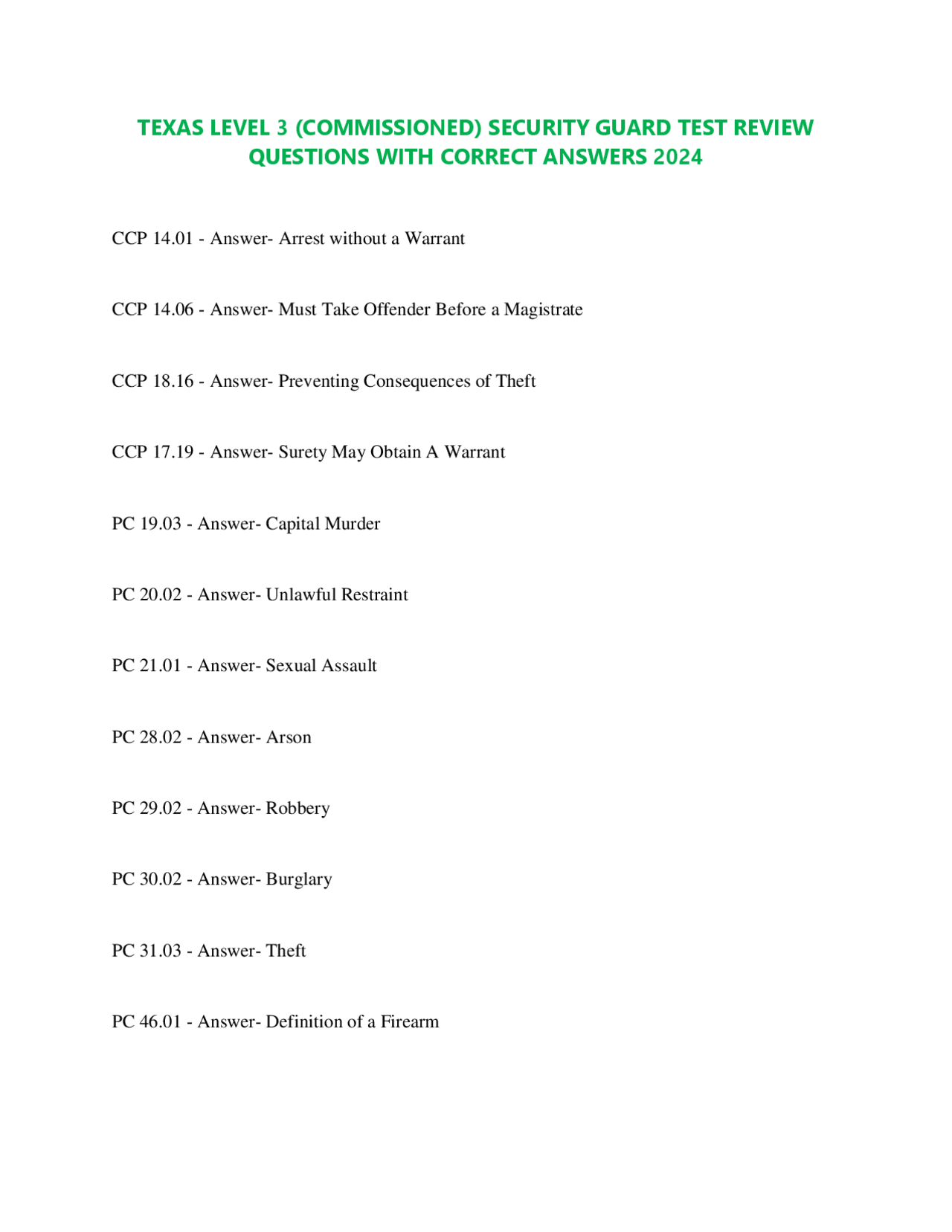 TEXAS LEVEL 3 (COMMISSIONED) SECURITY GUARD TEST REVIEW QUESTIONS WITH ...