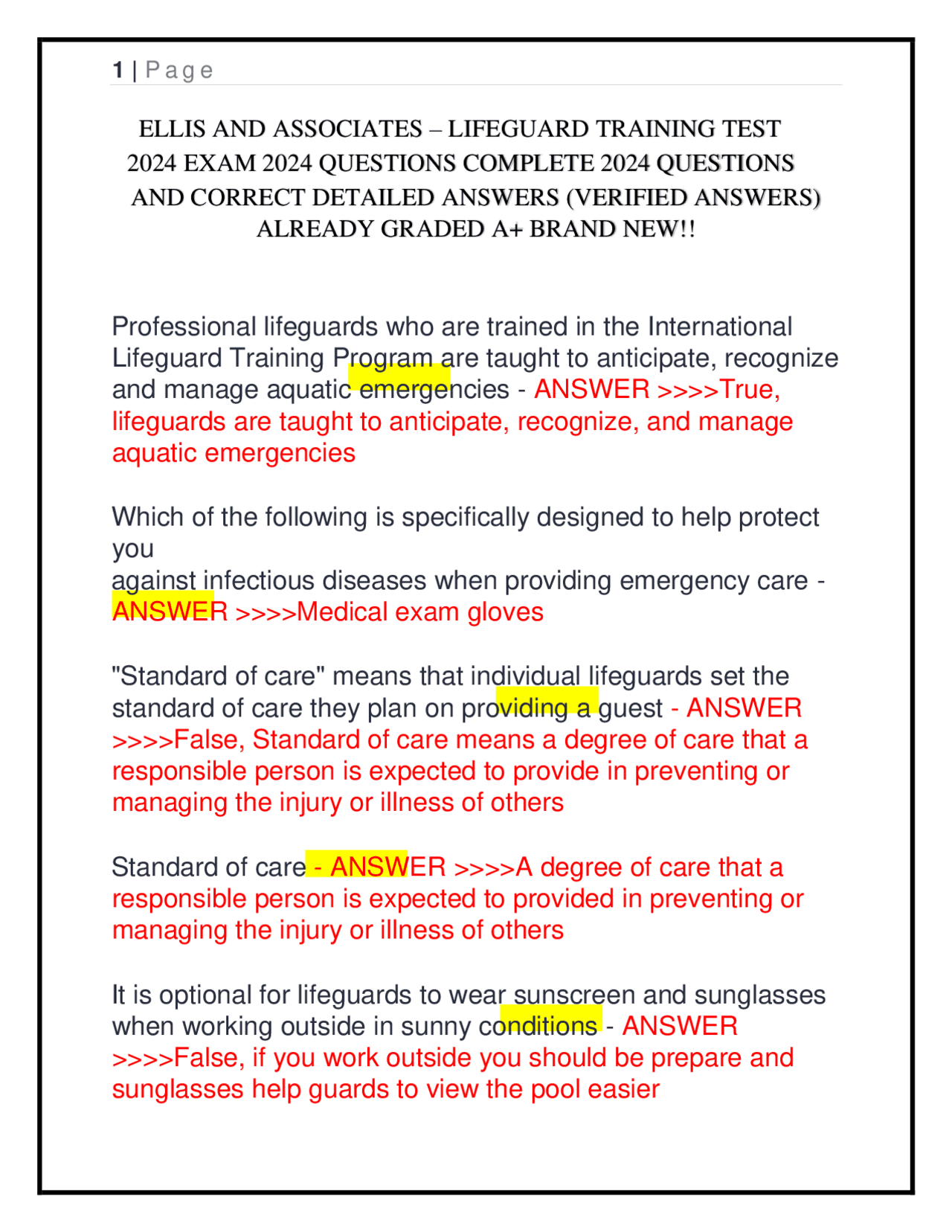 ELLIS AND ASSOCIATES – LIFEGUARD TRAINING TEST 2024 EXAM 2024 QUESTIONS ...