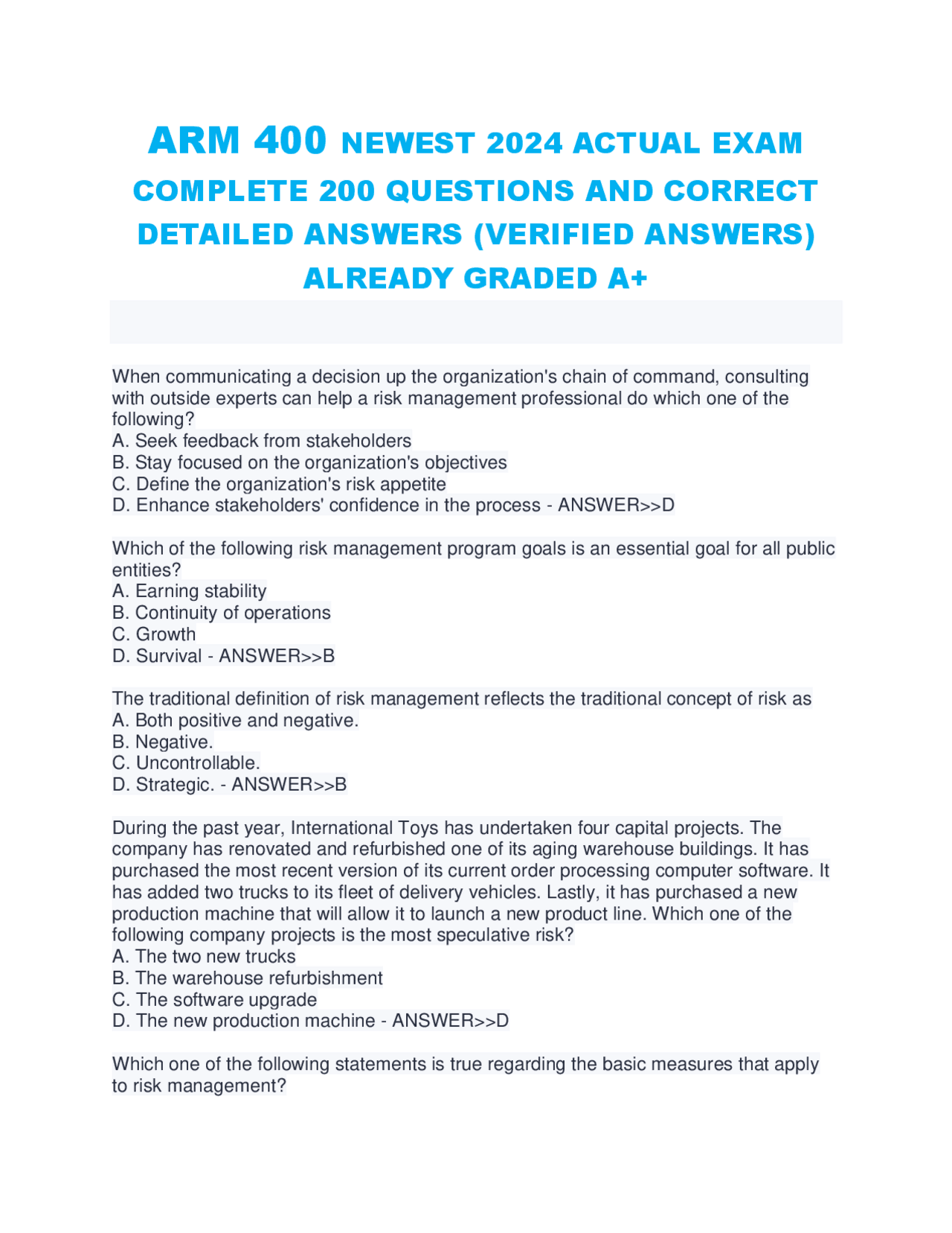 ARM 400 NEWEST 2024 ACTUAL EXAM COMPLETE 200 QUESTIONS AND CORRECT ...