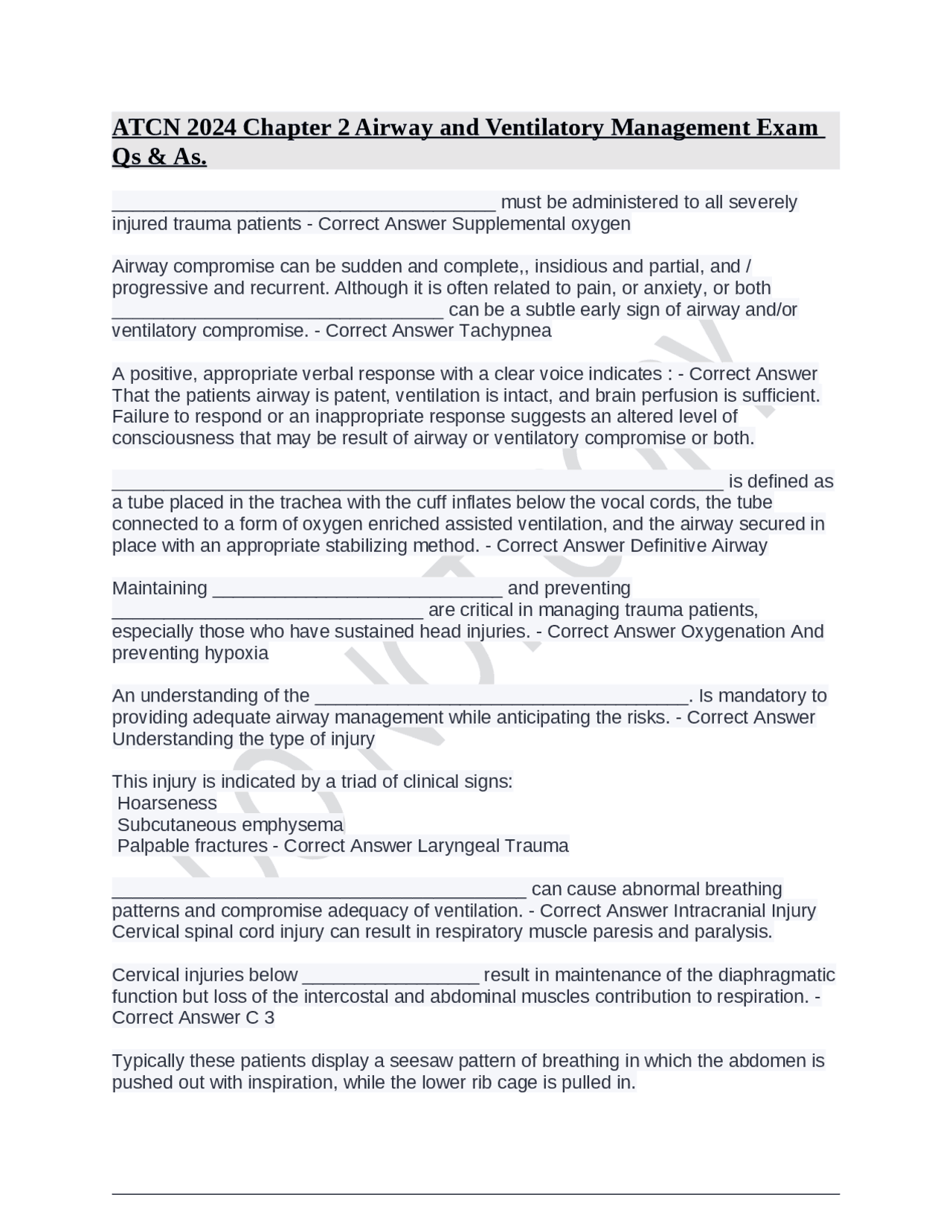 ATCN 2024 Chapter 2 Airway and Ventilatory Management Exam Qs & As ...