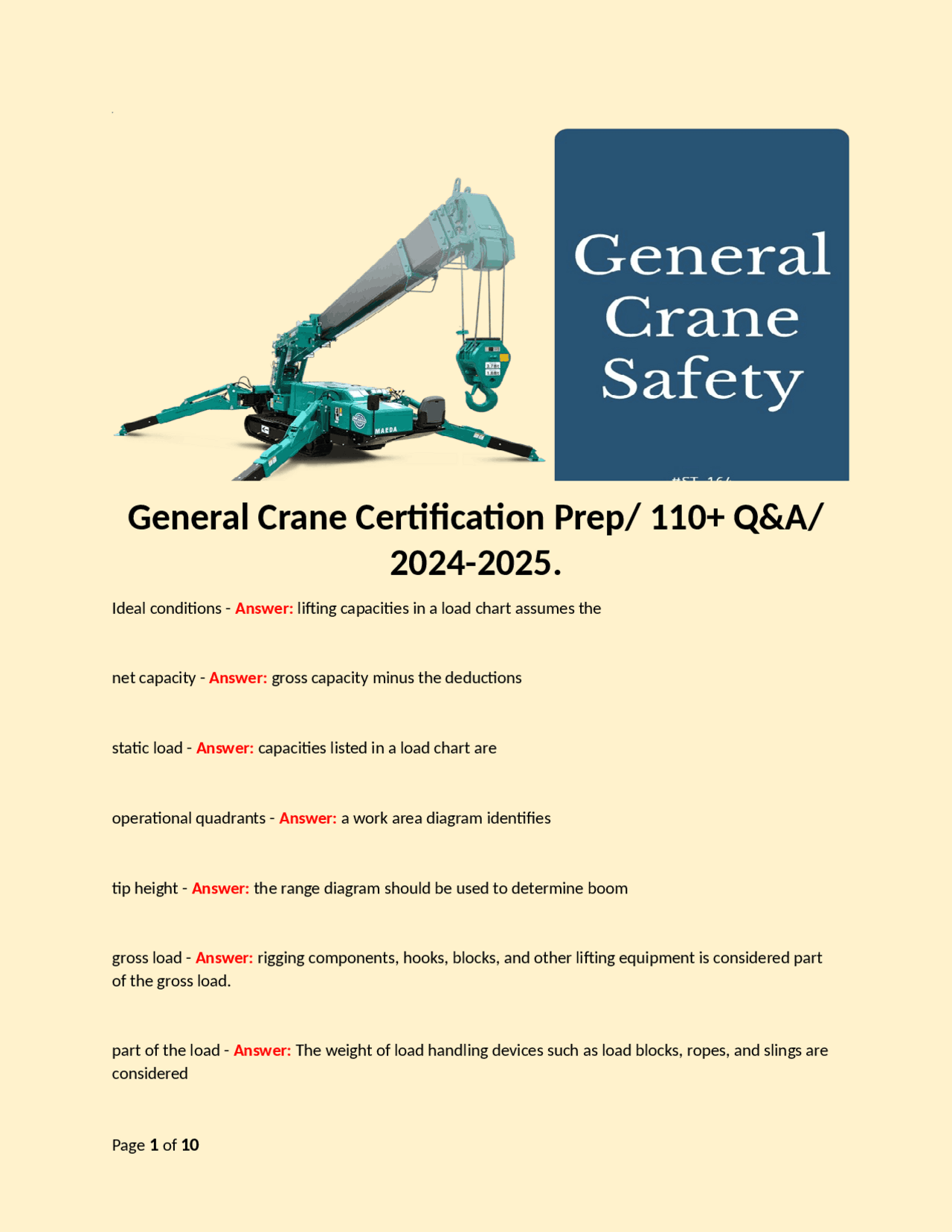 General Crane Certification Prep/ 110+ Q&A/ 2024-2025. | Exams Workplace Safety | Docsity