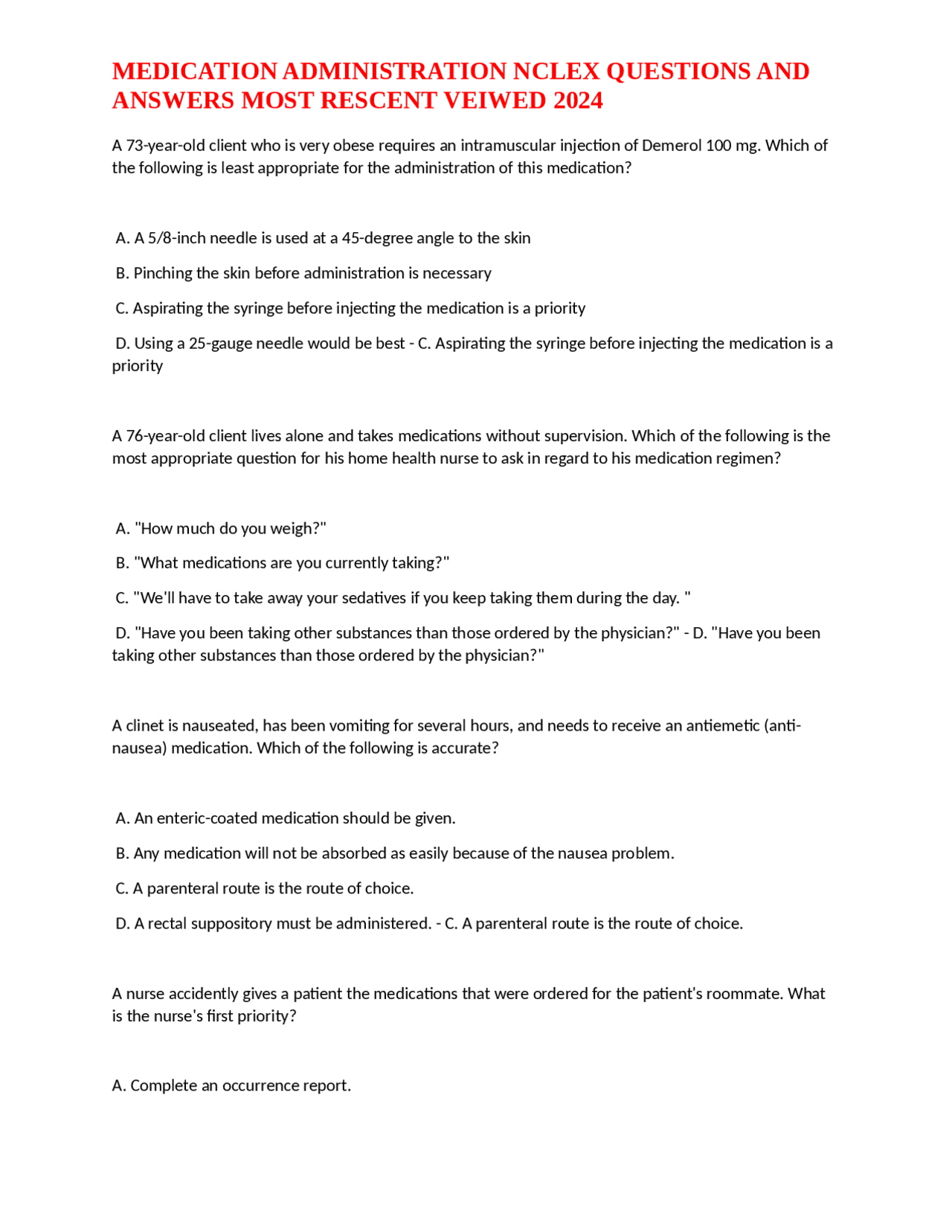 Medication Administration NCLEX Questions and Answers | Exams Nursing ...