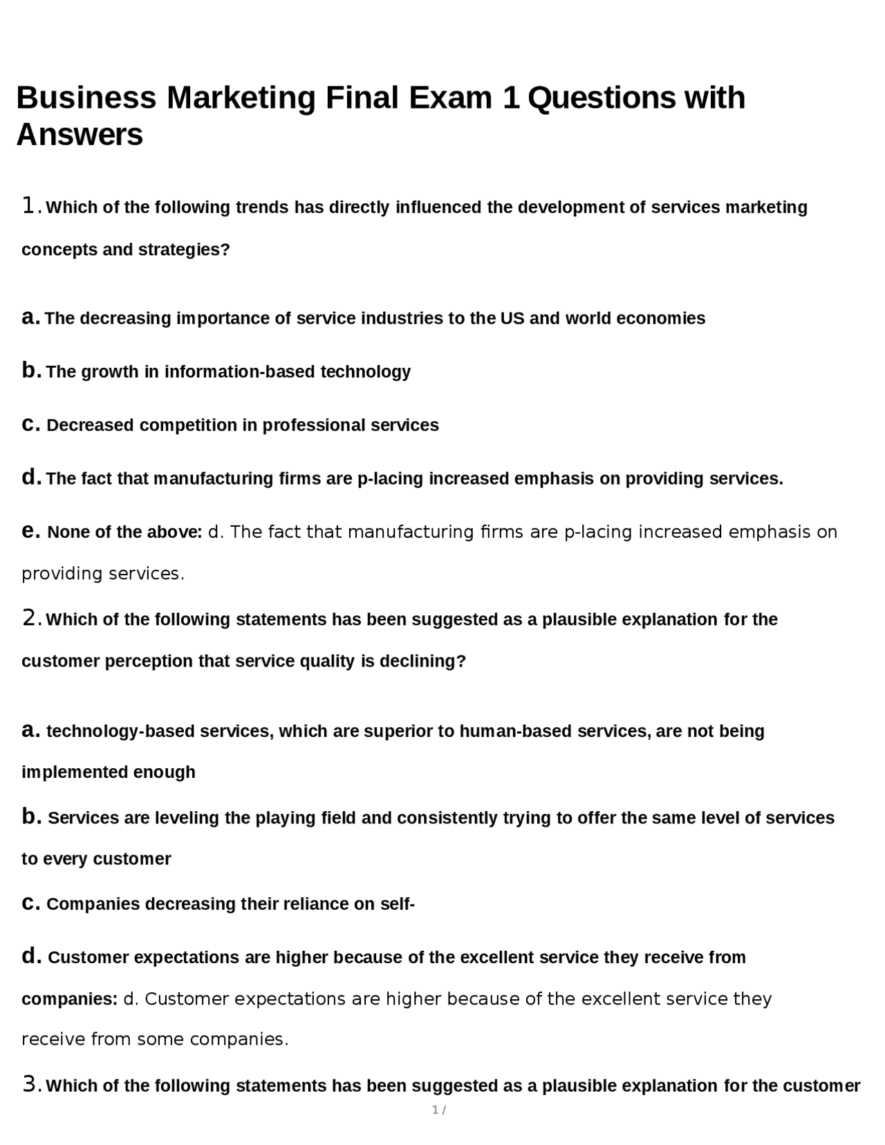 Business Marketing Final Exam 1 Questions with Answers | Exams ...