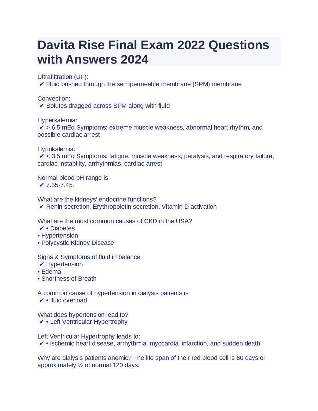 Davita Rise Final Exam 2022 Questions with Answers 2024 | Exams ...
