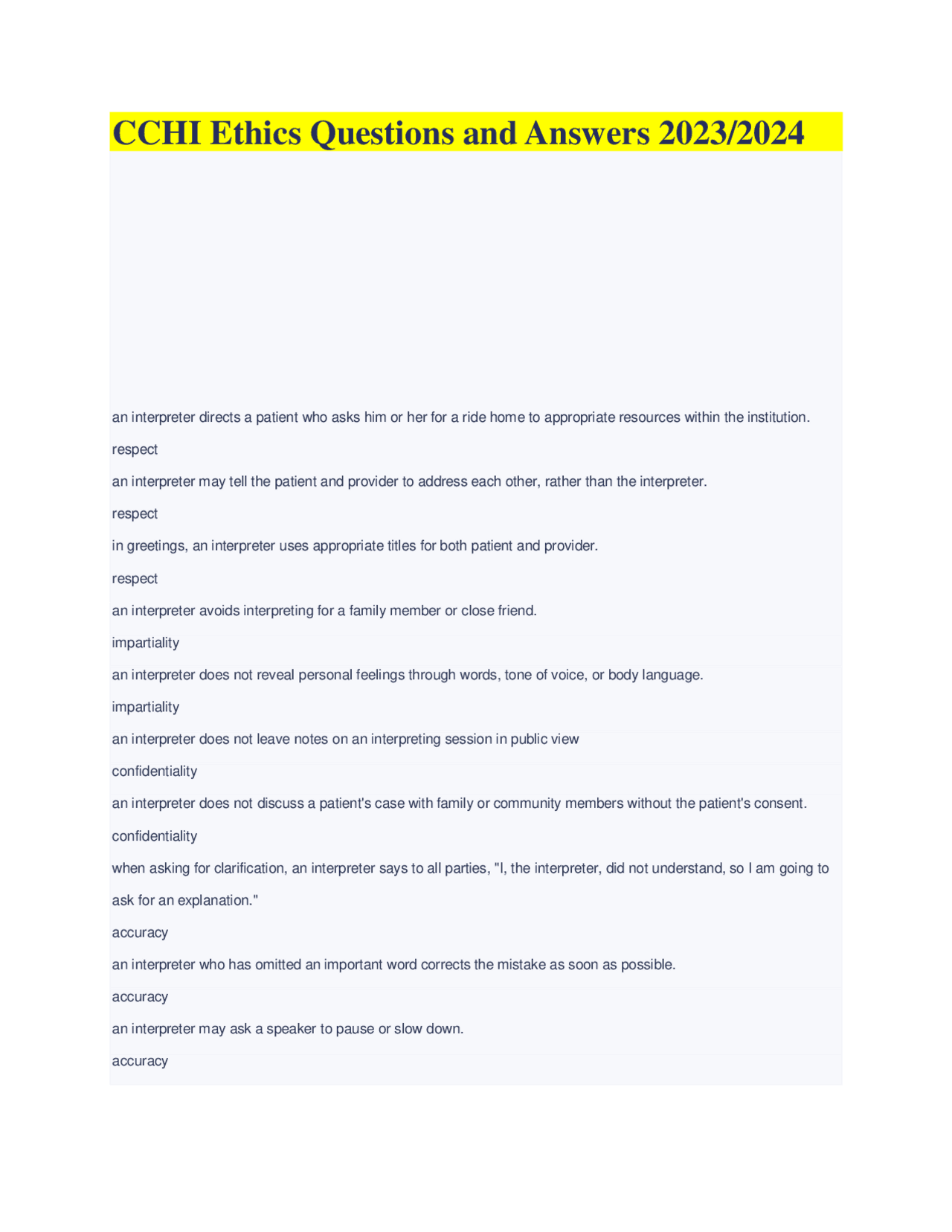 CCHI Ethics Questions and Answers 2023/2024 | Exams Advanced Education ...