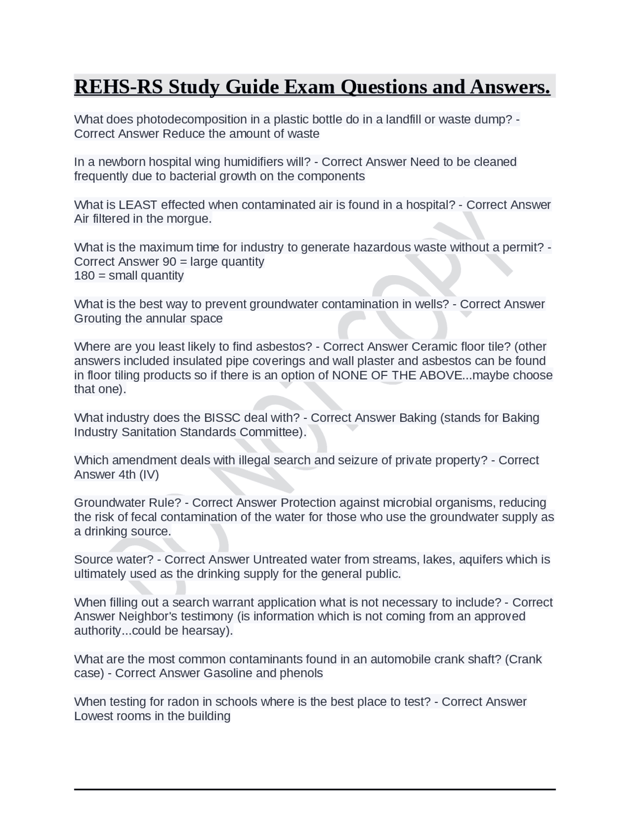 REHS-RS Study Guide Exam Questions and Answers. | Exams Study of ...