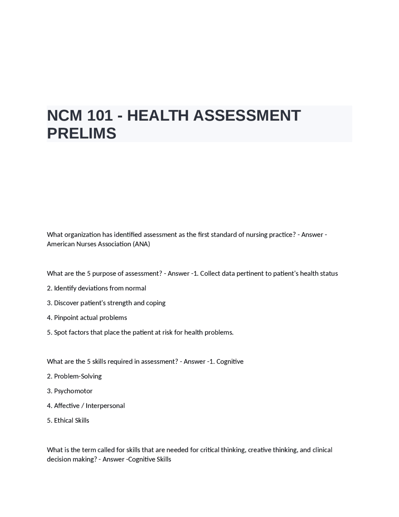 NCM 101 Exam Questions and Answers - HEALTH ASSESSMENT PRELIMS | Exams ...