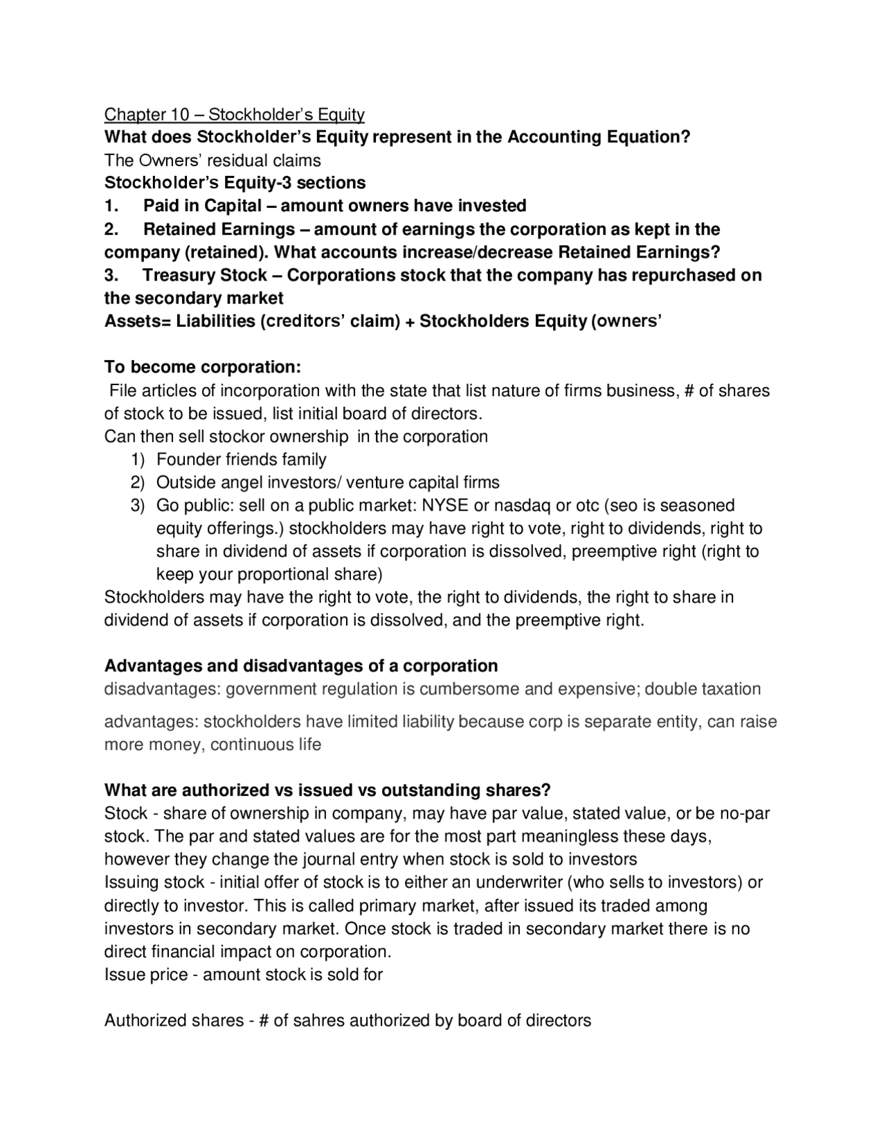 Chapter 10 – Stockholder’s Equity | Exams Business Economics | Docsity