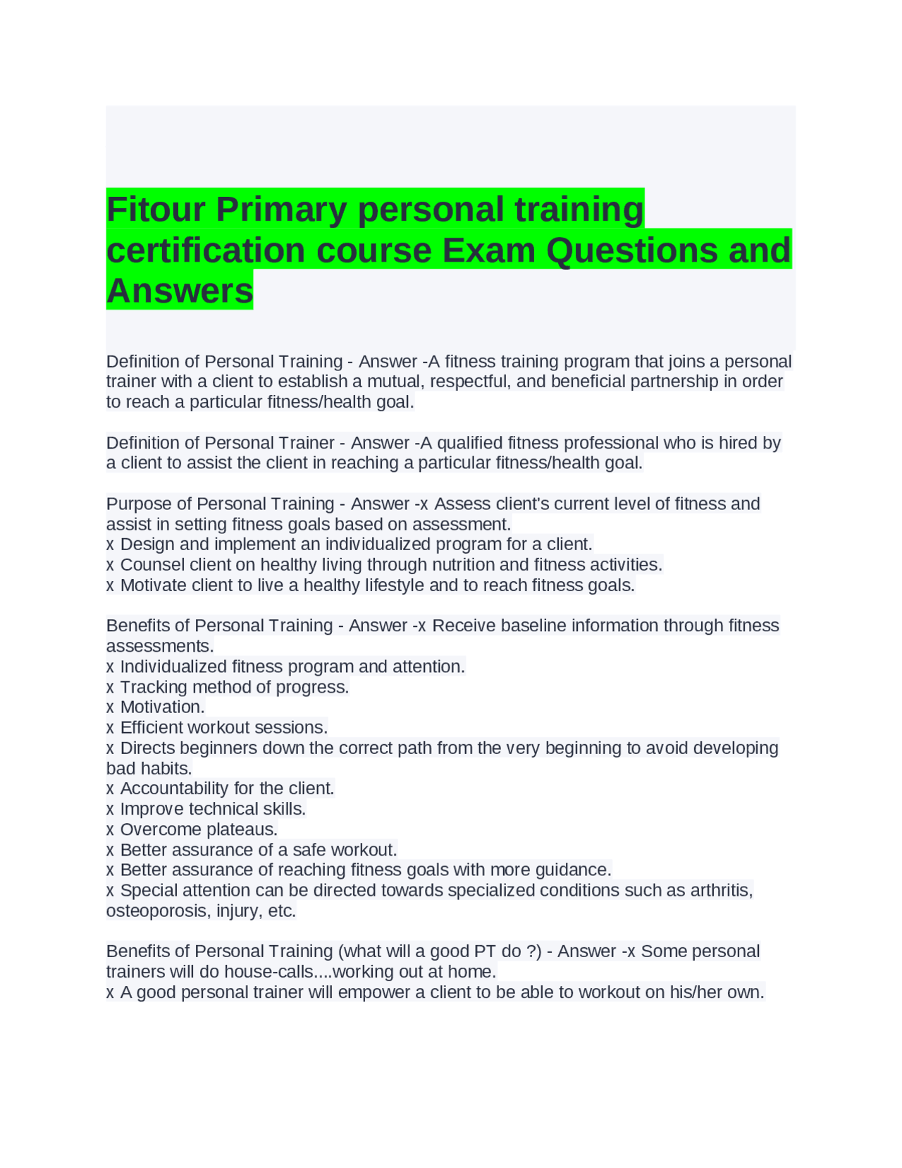 Fitour Primary personal training certification course Exam Questions ...