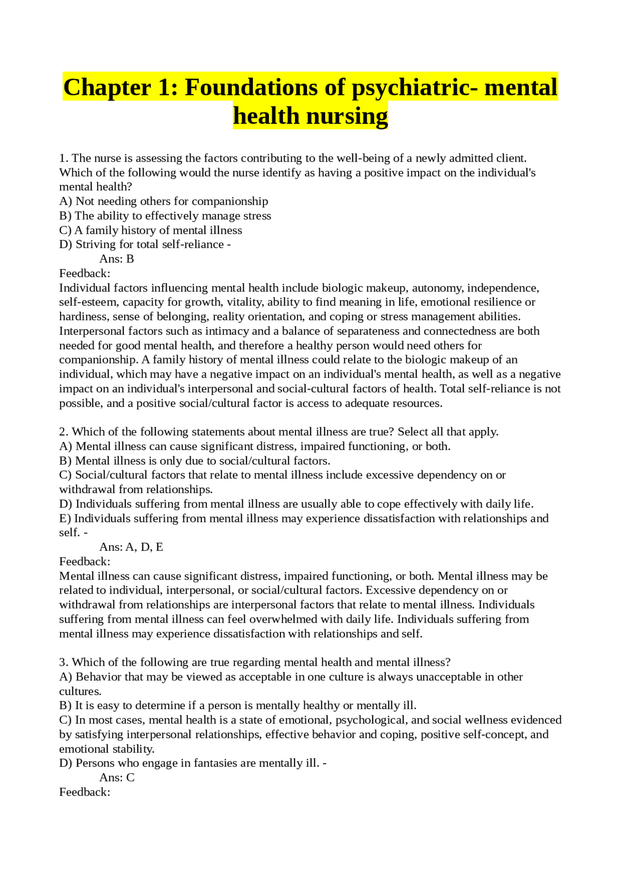 Chapter 1 Foundations of psychiatric- mental health nursing | Exams ...