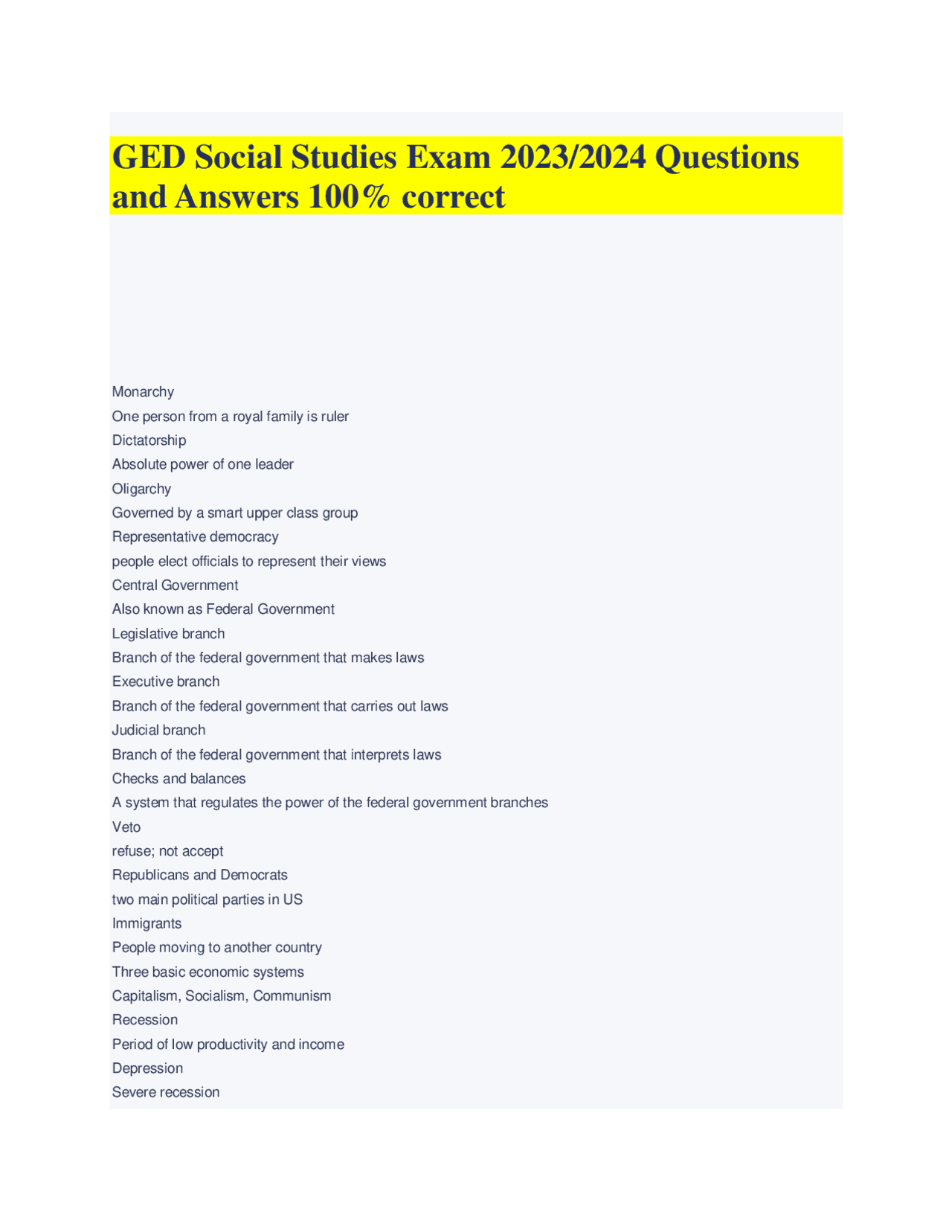 GED Social Studies Exam 2023/2024 Questions and Answers 100% correct ...