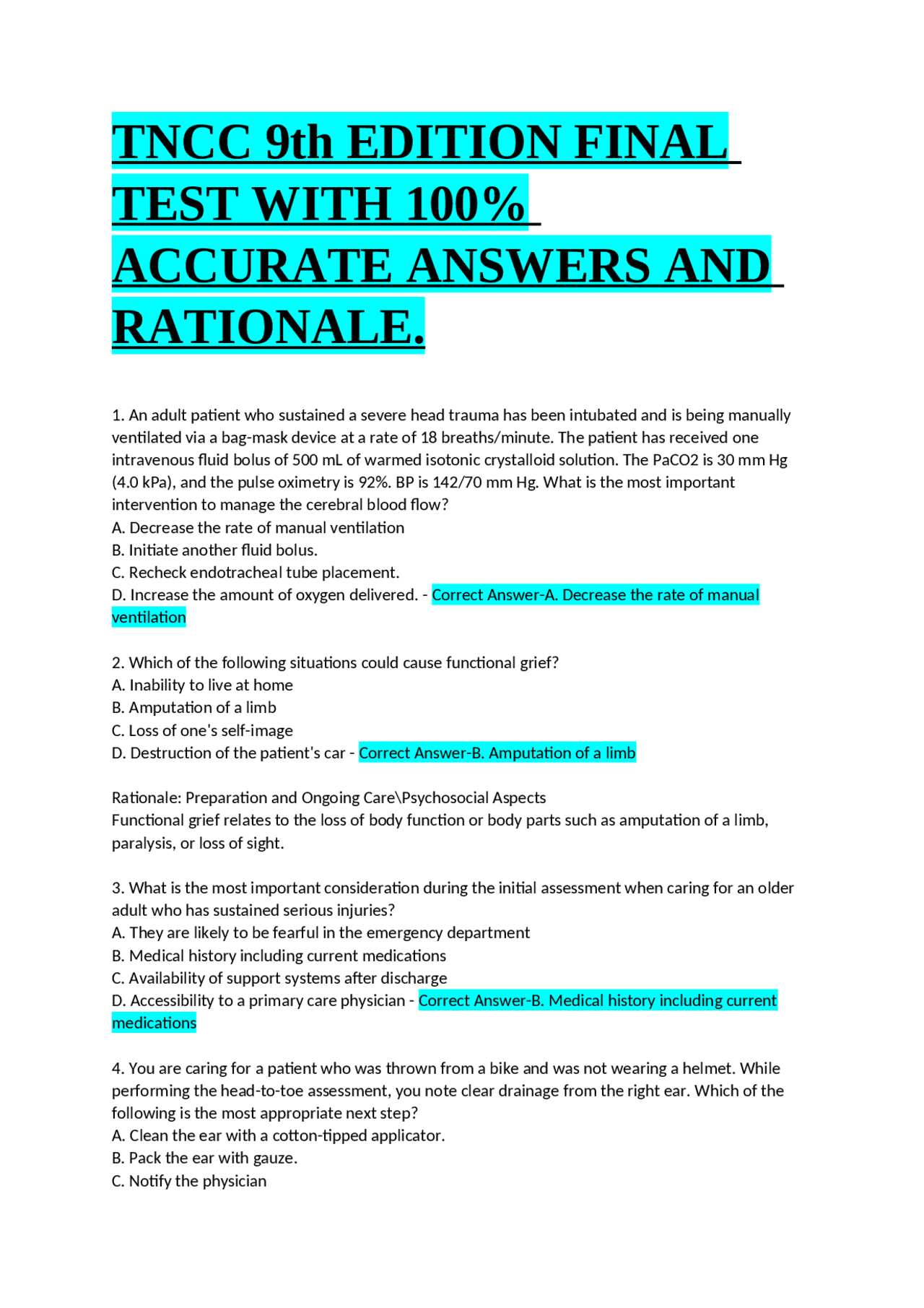 TNCC 9th EDITION FINAL TEST WITH 100% ACCURATE ANSWERS AND RATIONALE ...