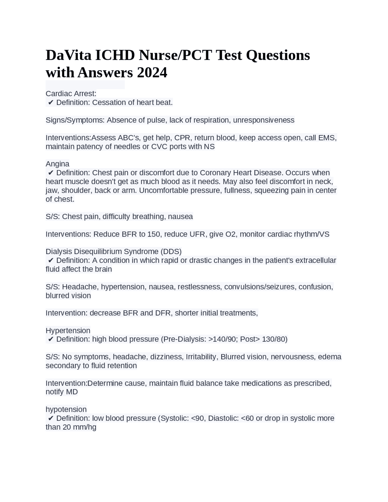 DaVita ICHD Nurse/PCT Test Questions with Answers 2024 | Exams Medicine ...