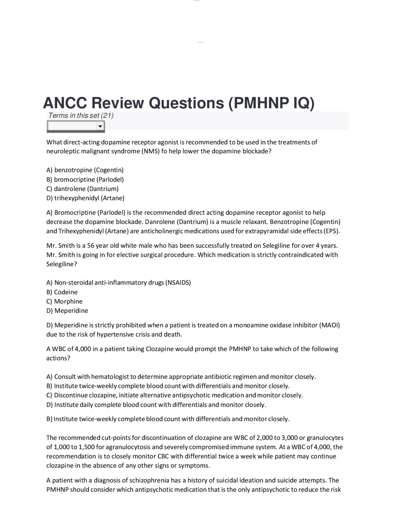 ANCC REVIEW QUESTIONS (PMHNP IQ) | Exams Nursing | Docsity