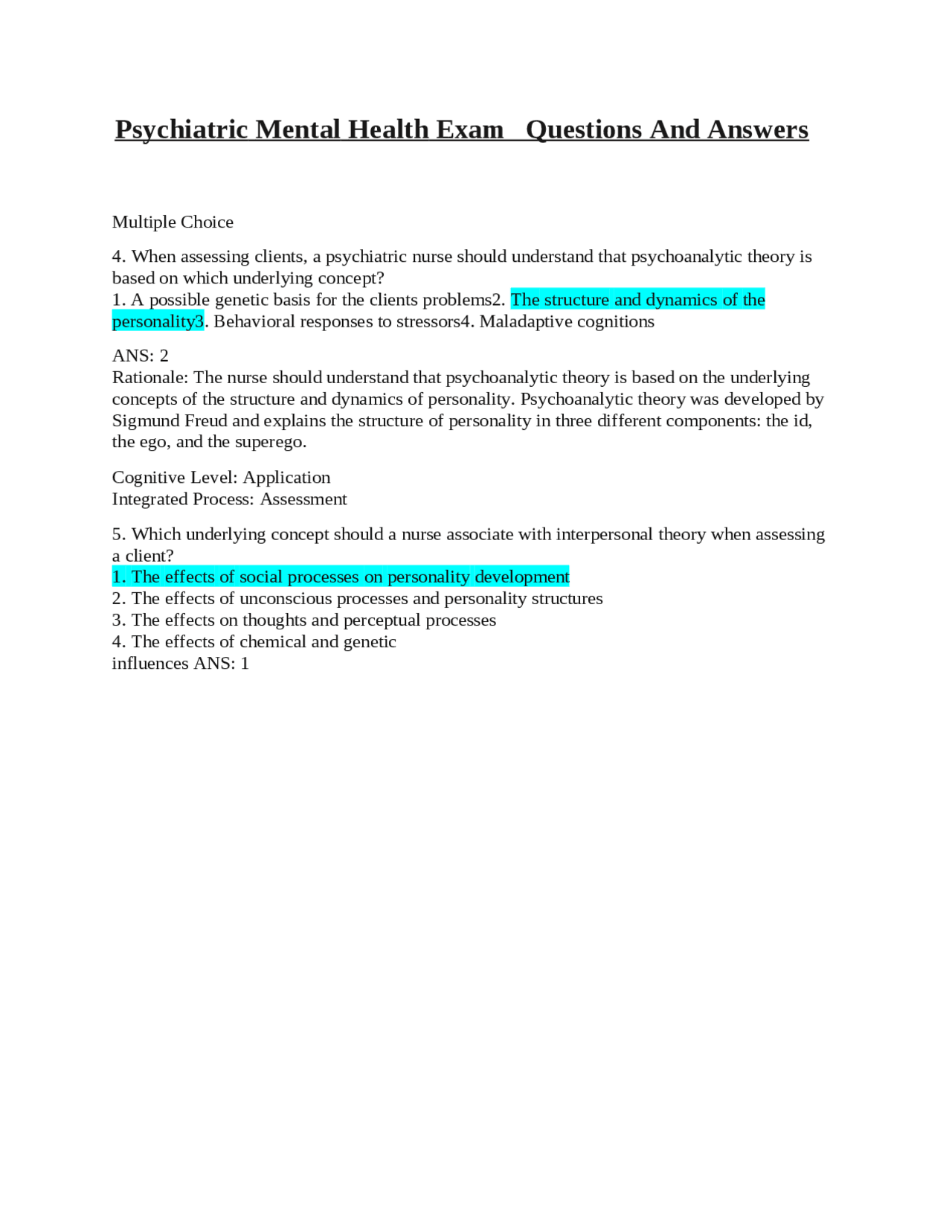 Psychiatric Mental Health Exam Questions And Answers | Exams Nursing ...