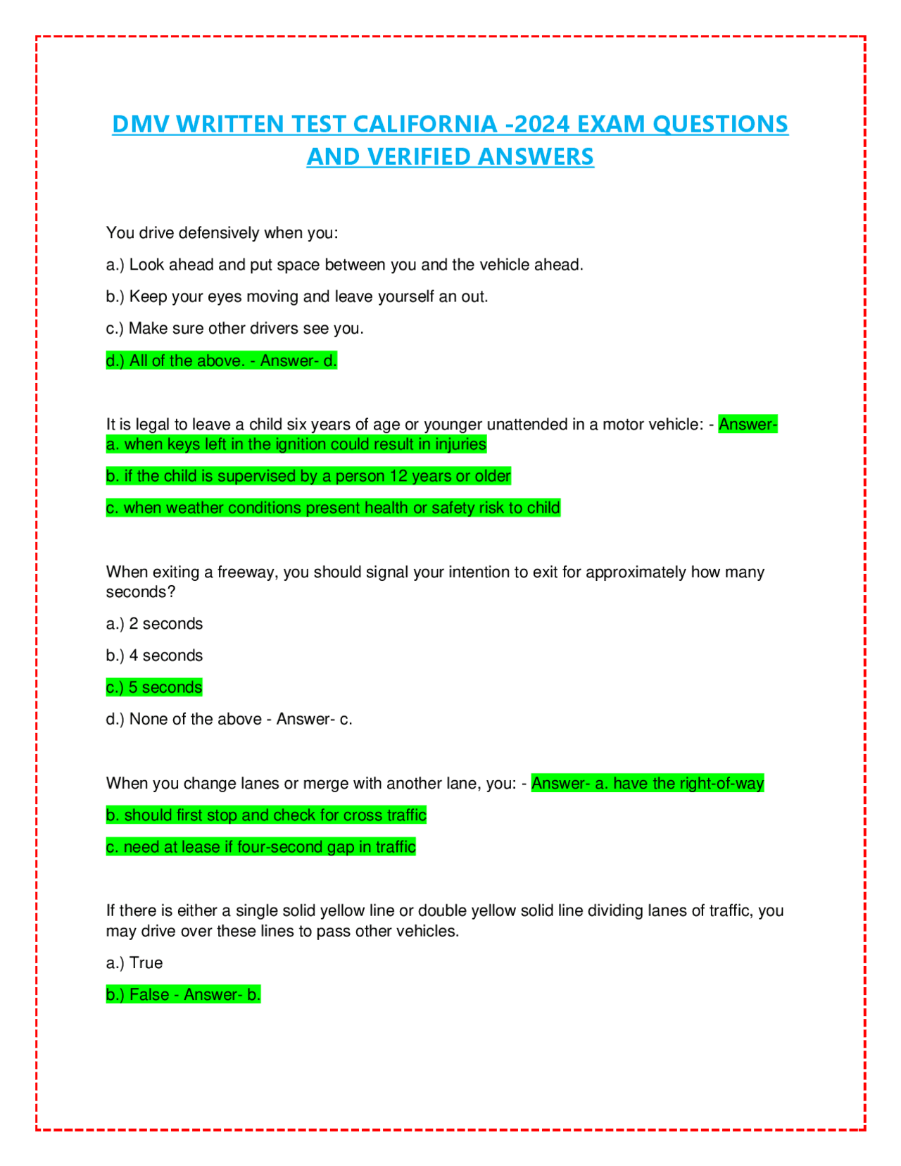 DMV WRITTEN TEST CALIFORNIA -2024 EXAM QUESTIONS AND VERIFIED ANSWERS ...