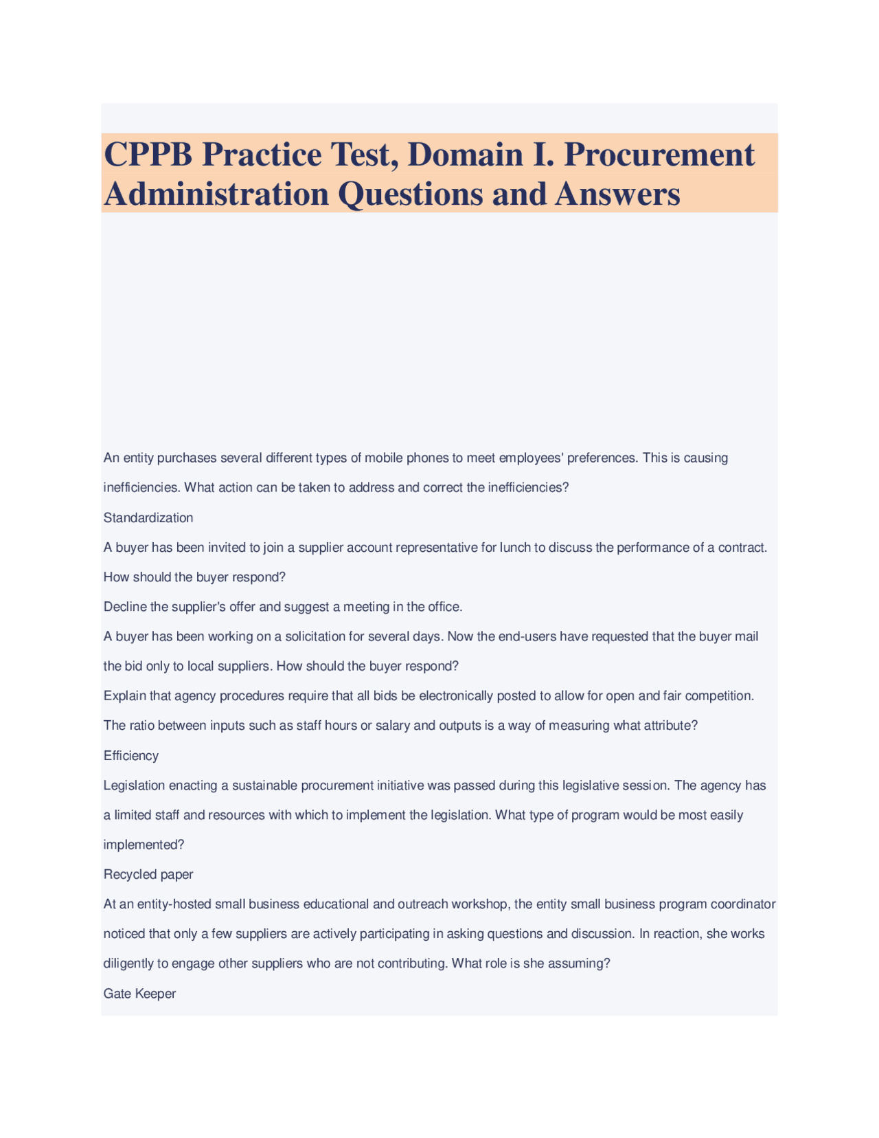 Cppb Practice Test Domain I Procurement Administration Questions And Answers Exams Business