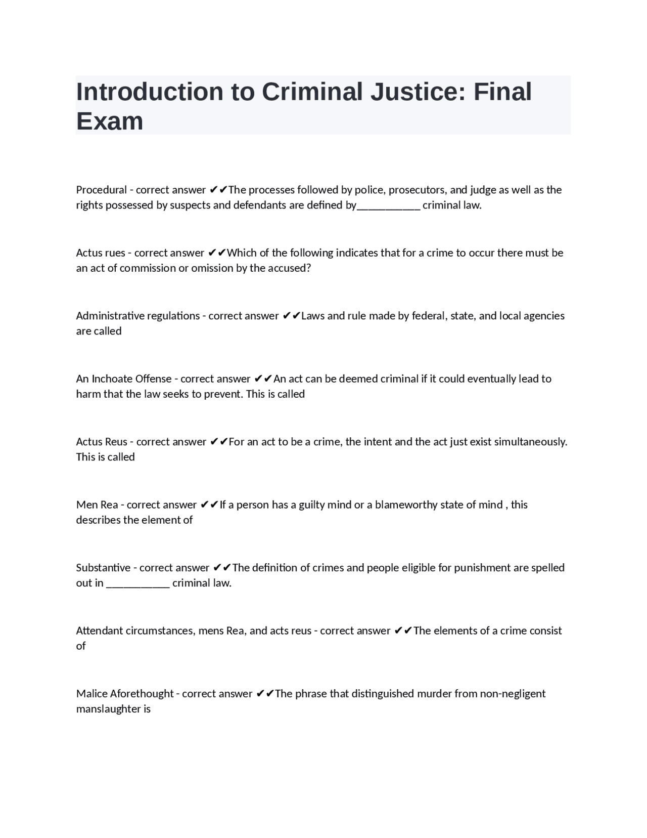 Introduction to Criminal Justice: Final Exam | Exams Nursing | Docsity
