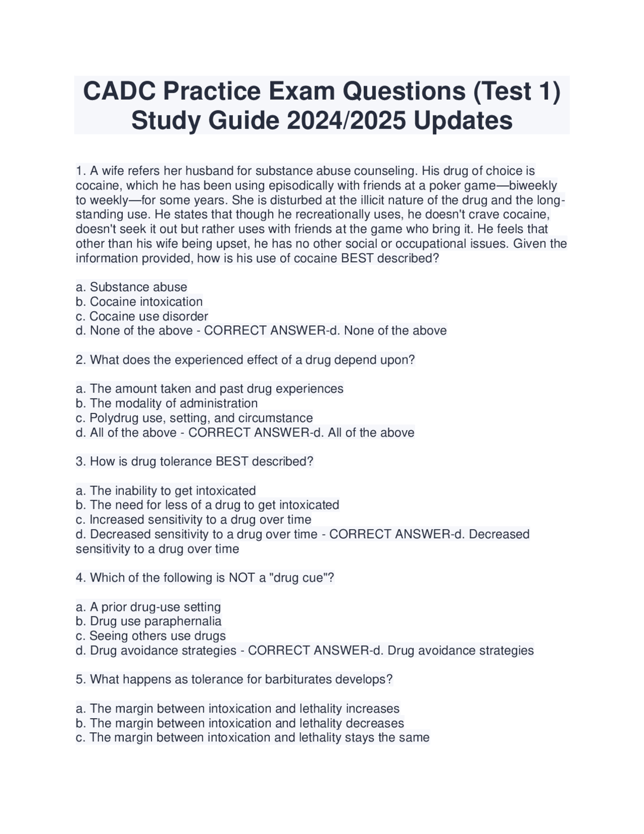 CADC I Exam Prep 1 Study Guide 2024/2025 | Exams Health sciences | Docsity