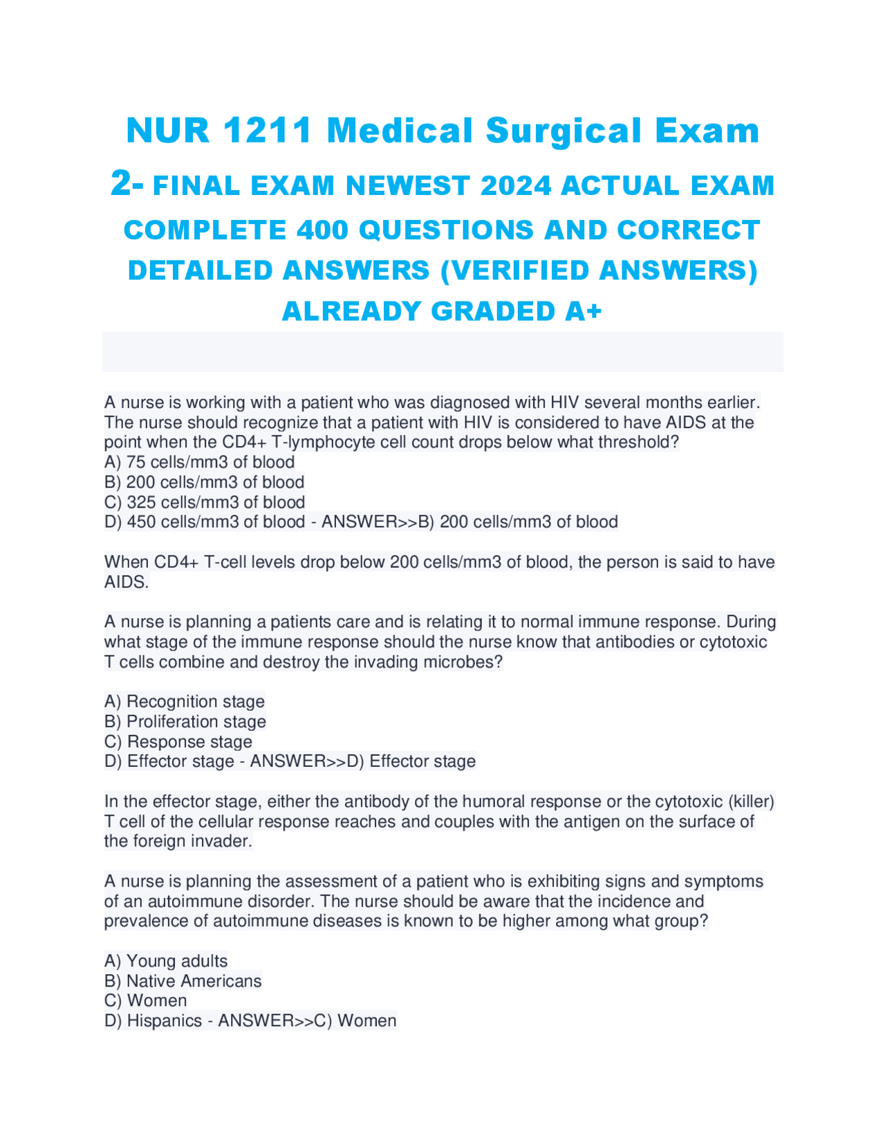 NUR 1211 Medical Surgical Exam 2- FINAL EXAM NEWEST 2024 ACTUAL EXAM ...
