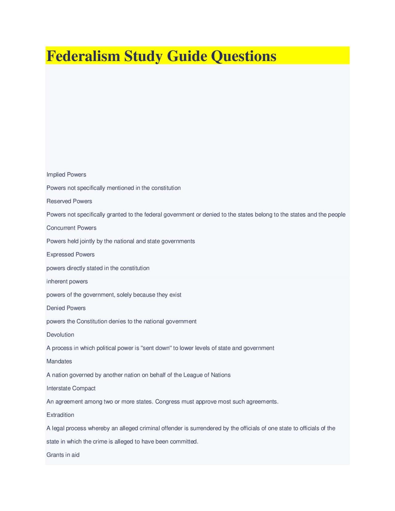Federalism Study Guide Questions | Exams Local Government Studies | Docsity