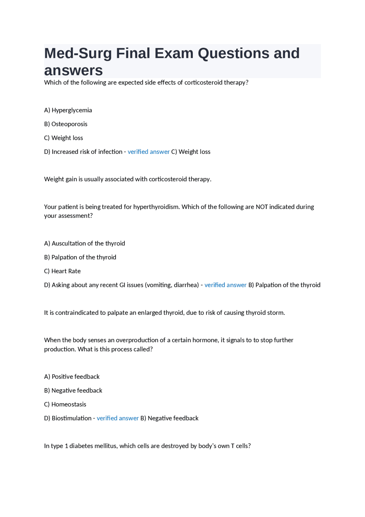 Medical-Surgical Nursing Final Exam Questions and Answers | Exams ...