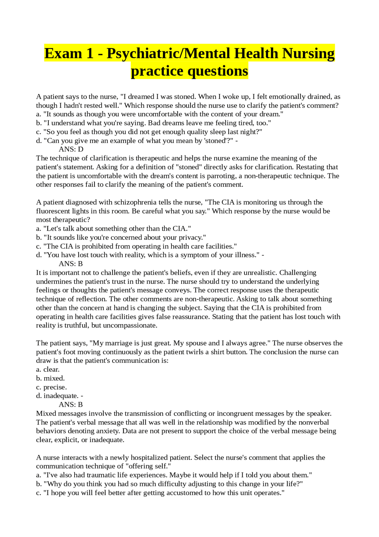 Exam 1 - Psychiatric Mental Health Nursing practice questions | Exams ...