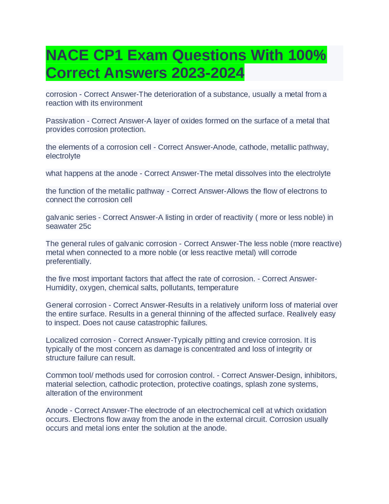 NACE CP1 Exam Questions With 100% Correct Answers 2023-2024 | Exams ...