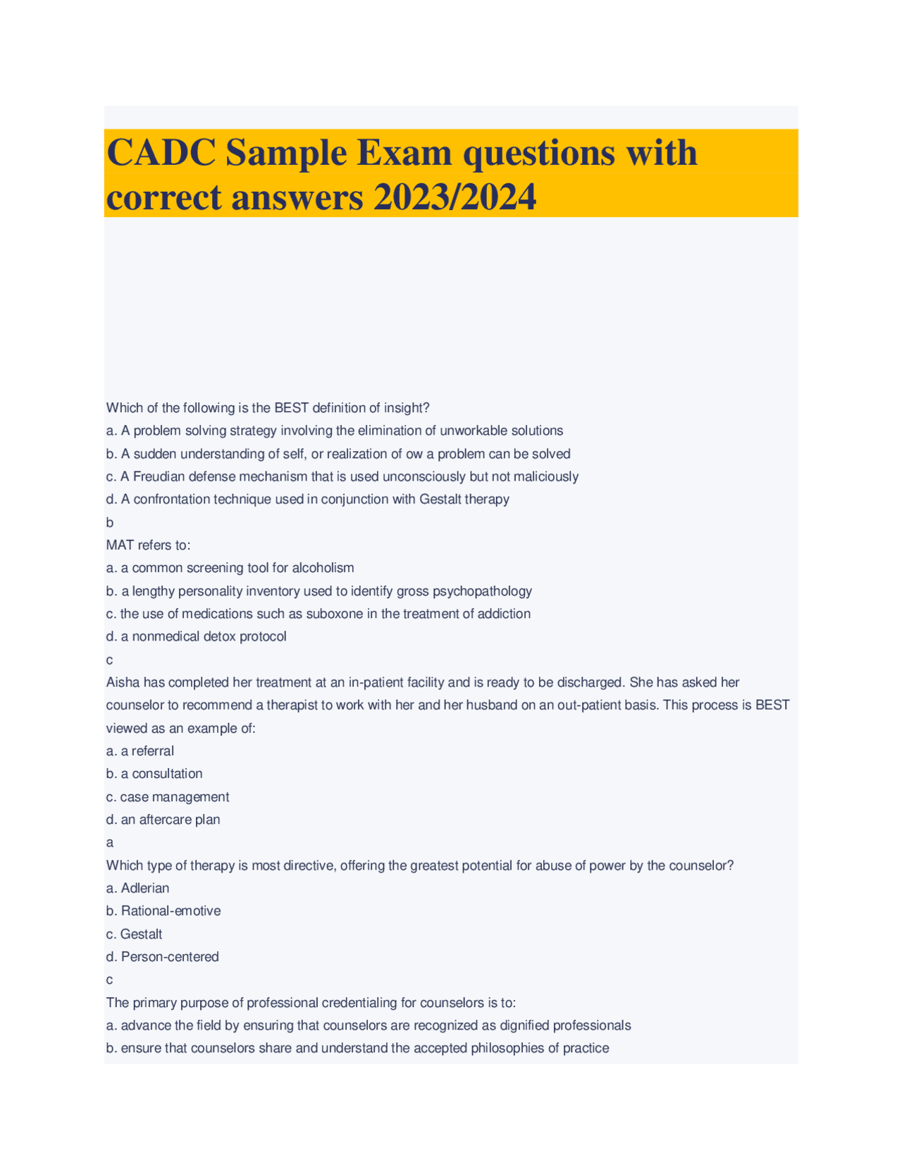 CADC Sample Exam questions with correct answers 2023/2024 | Exams ...