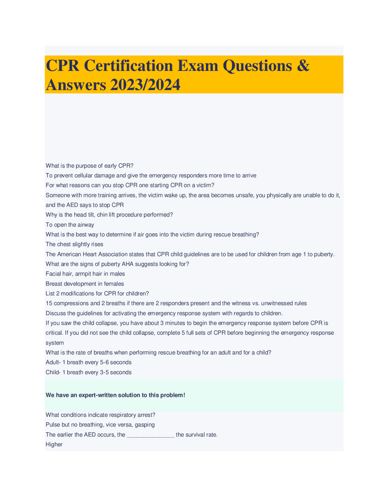 CPR Certification Exam Questions & Answers 2023/2024 | Exams Nursing ...