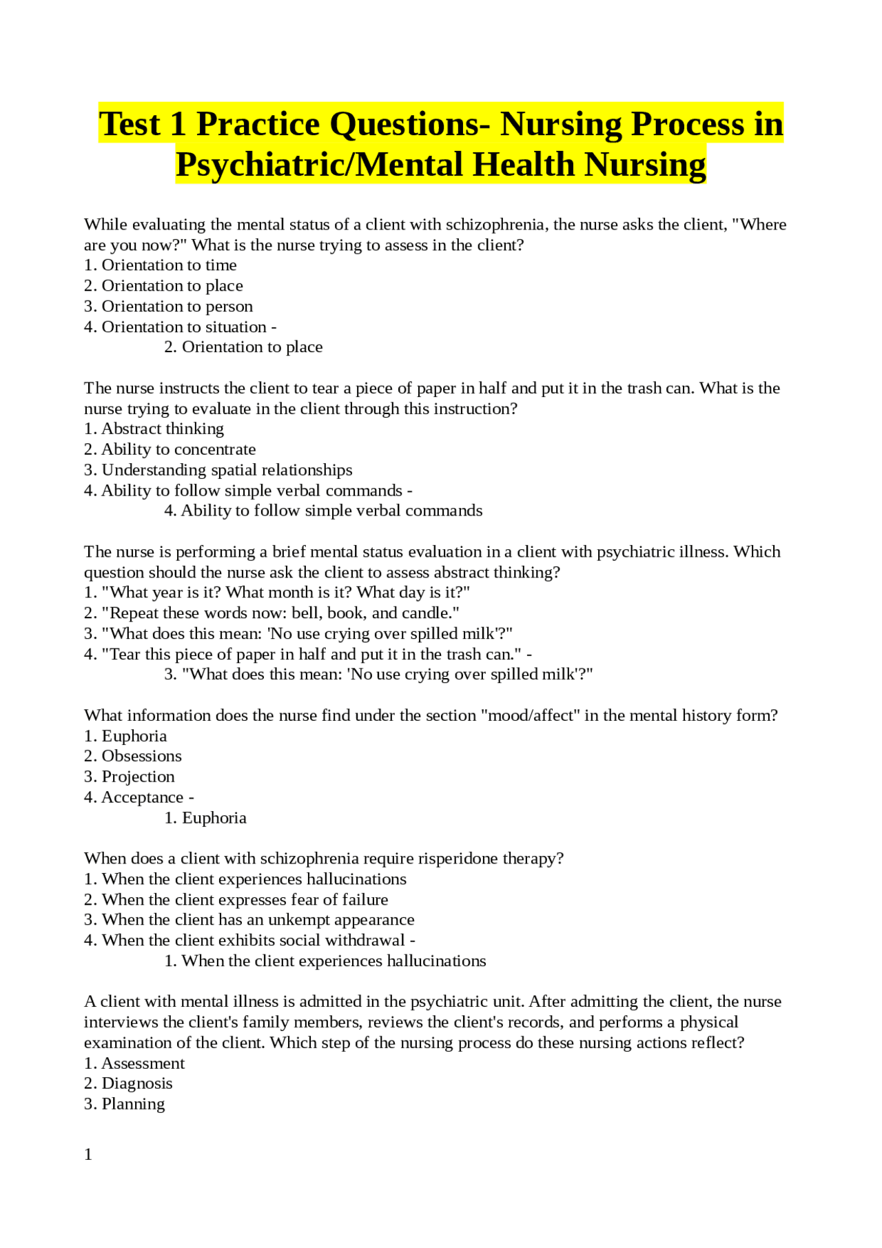 Test 1 Practice Questions- Nursing Process in Psychiatric Mental Health ...
